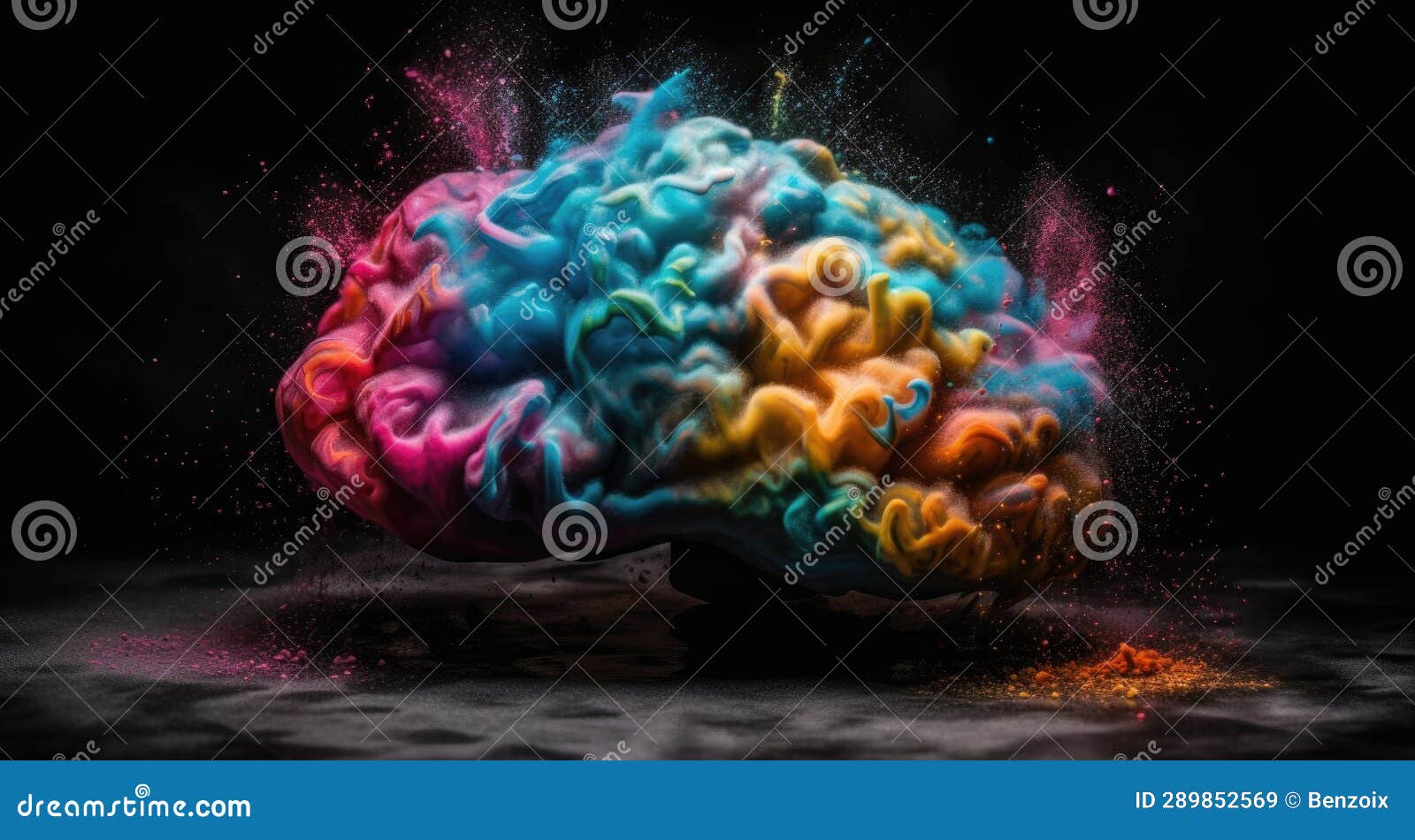 Creative Art Brain Explodes with Paints with Splashes on a Black ...