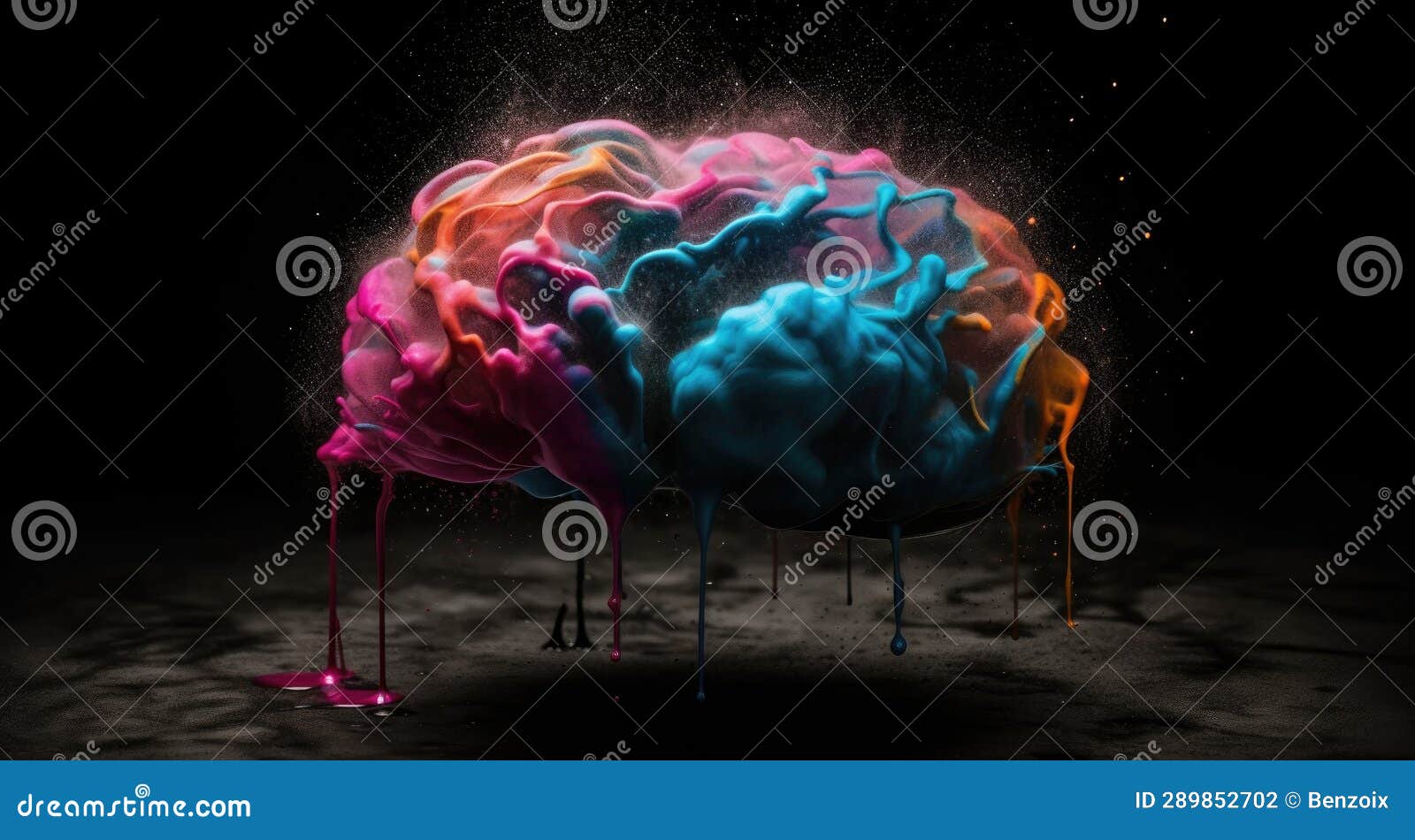 Creative Art Brain Explodes with Paints with Splashes on a Black ...