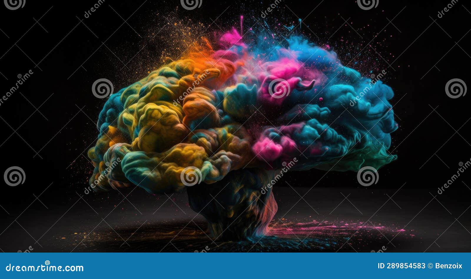 Creative Art Brain Explodes with Paints with Splashes on a Black ...