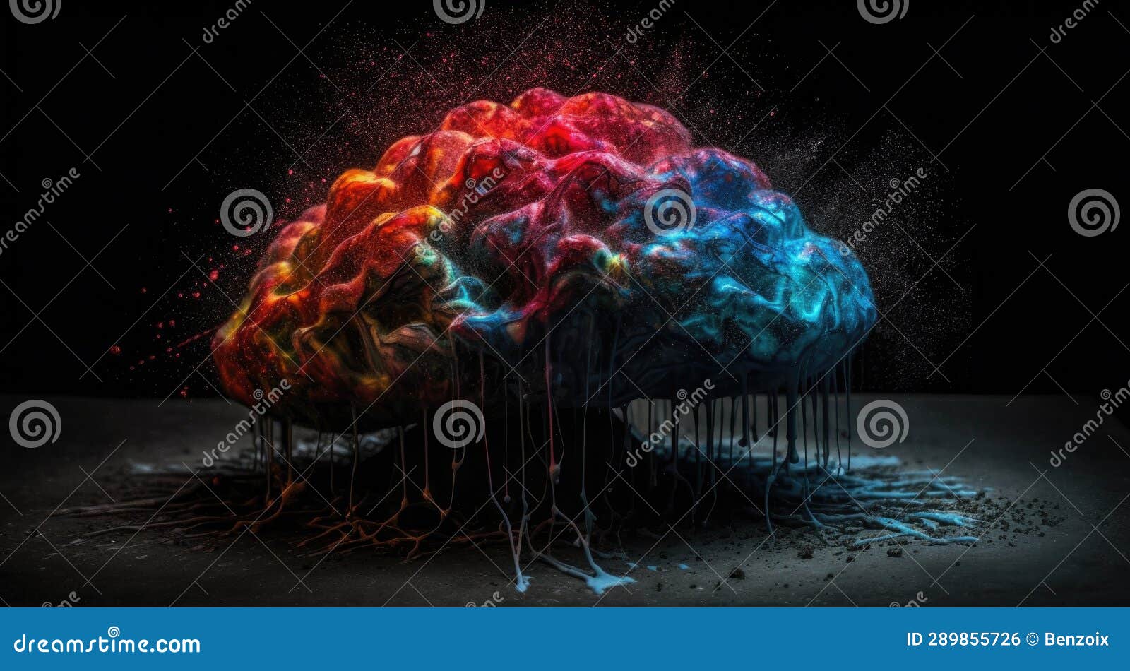 Creative Art Brain Explodes with Paints with Splashes on a Black ...