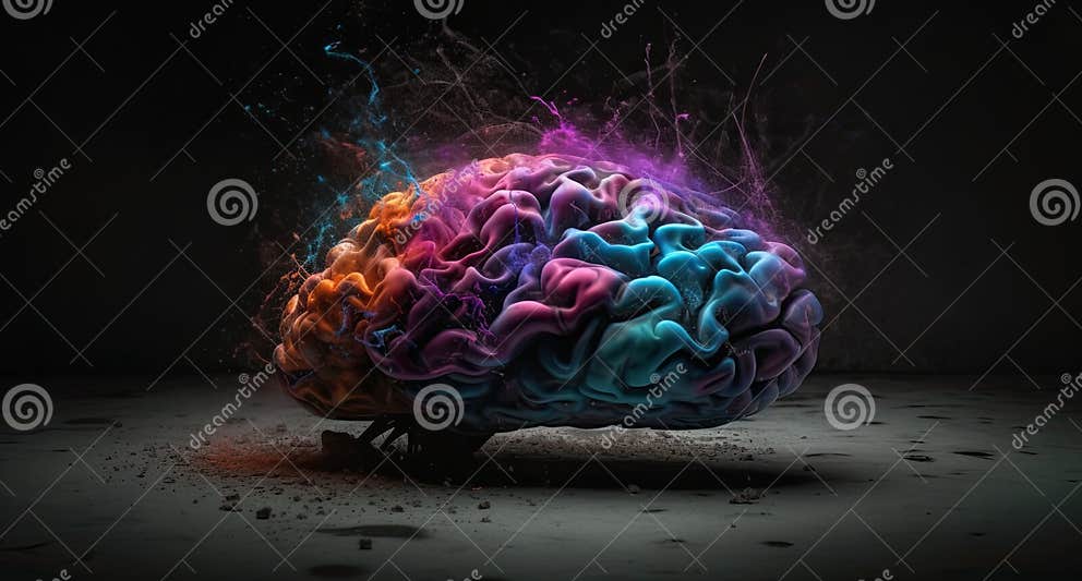 Creative Art Brain Explodes with Paints with Splashes on a Black ...