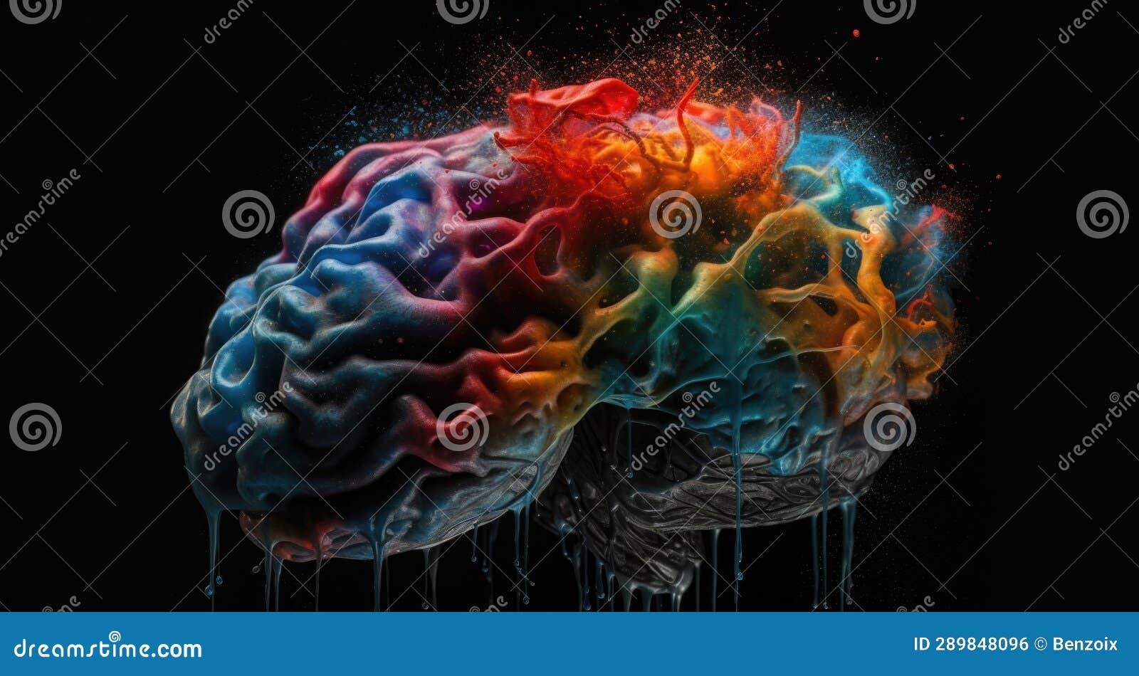 Creative Art Brain Explodes with Paints with Splashes on a Black ...