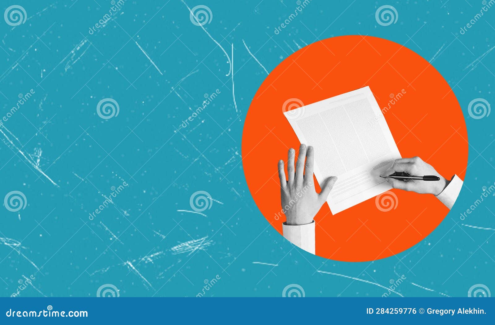 Creative Art Collage Hand Signing Final Contract Document on Blue ...