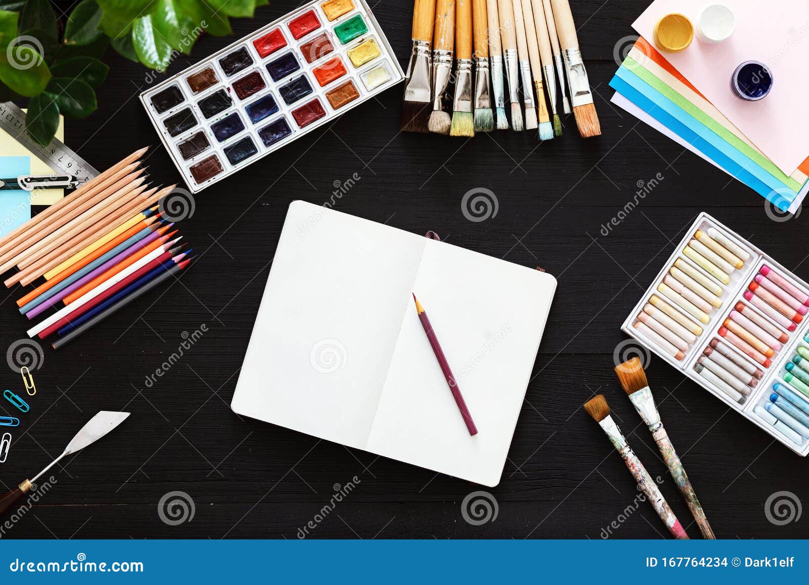 Creative Art Work Table Concept Mock Up Blank Notebook Paintbrushes and ...