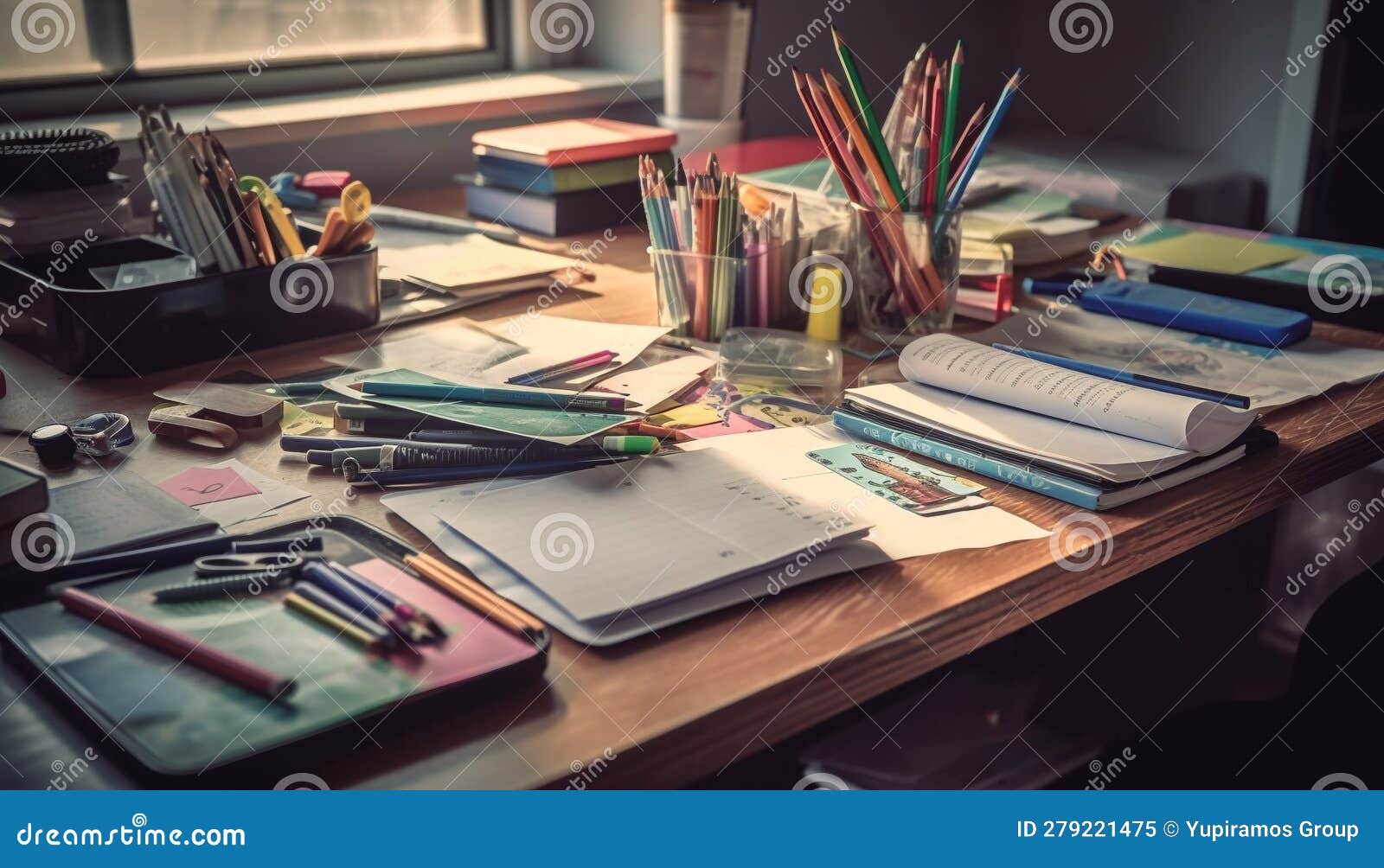 Creative Artist Desk Messy Stack of Colorful Work Tools and Materials ...