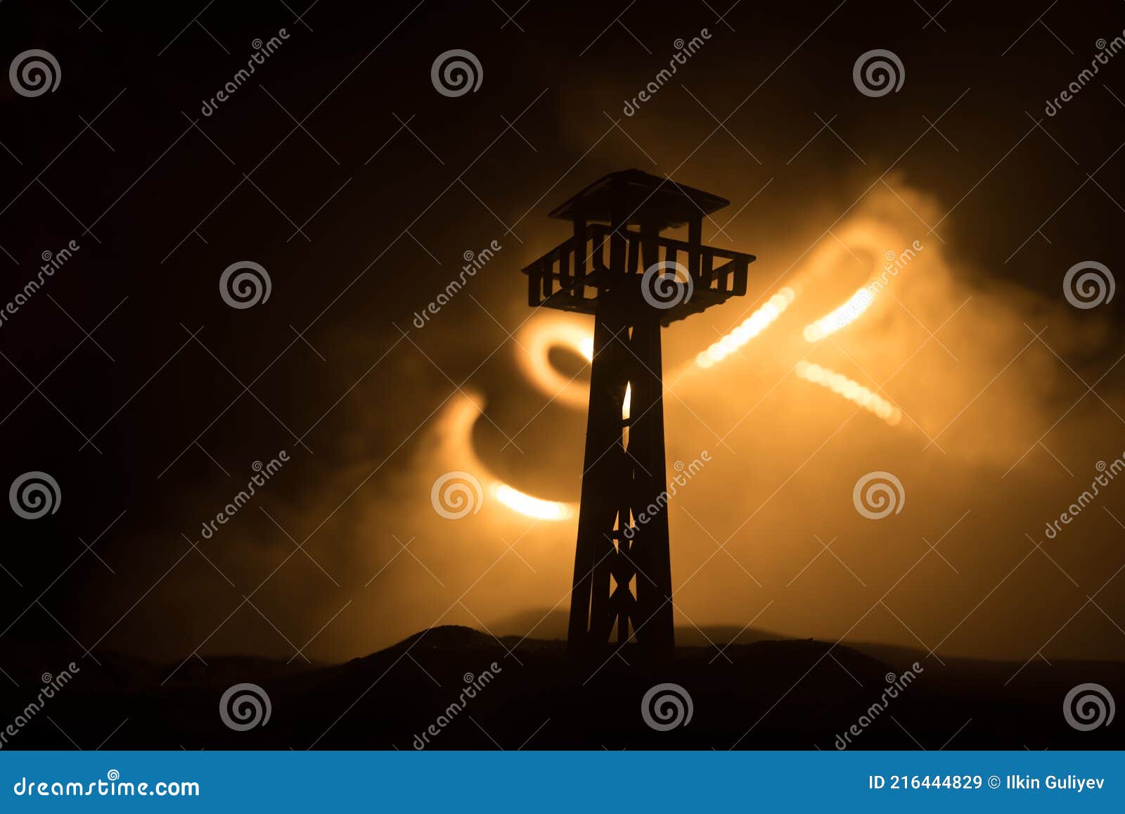 Creative Artwork Decoration. Silhouette of Army Watchtower at Night ...