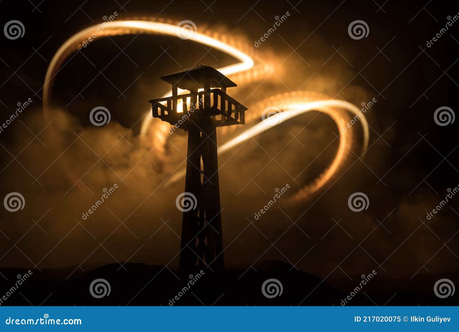 Creative Artwork Decoration. Silhouette of Army Watchtower at Night ...