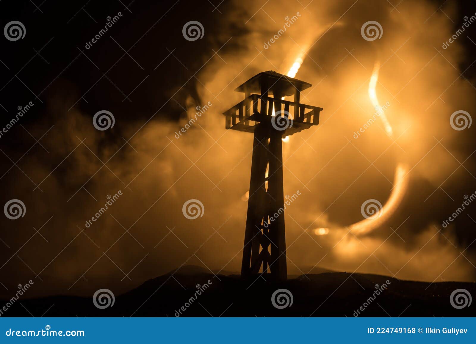 Creative Artwork Decoration. Silhouette of Army Watchtower at Night ...
