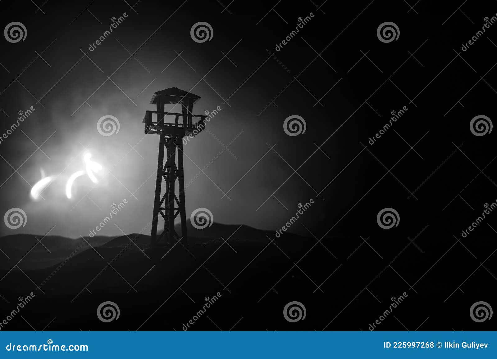 Creative Artwork Decoration. Silhouette of Army Watchtower at Night ...
