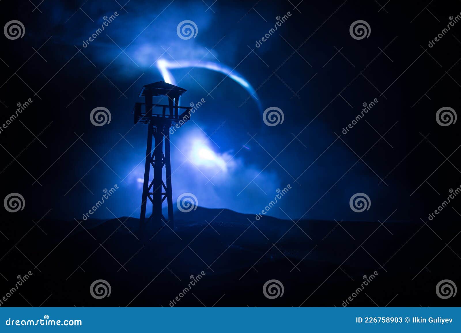 Creative Artwork Decoration. Silhouette of Army Watchtower at Night ...