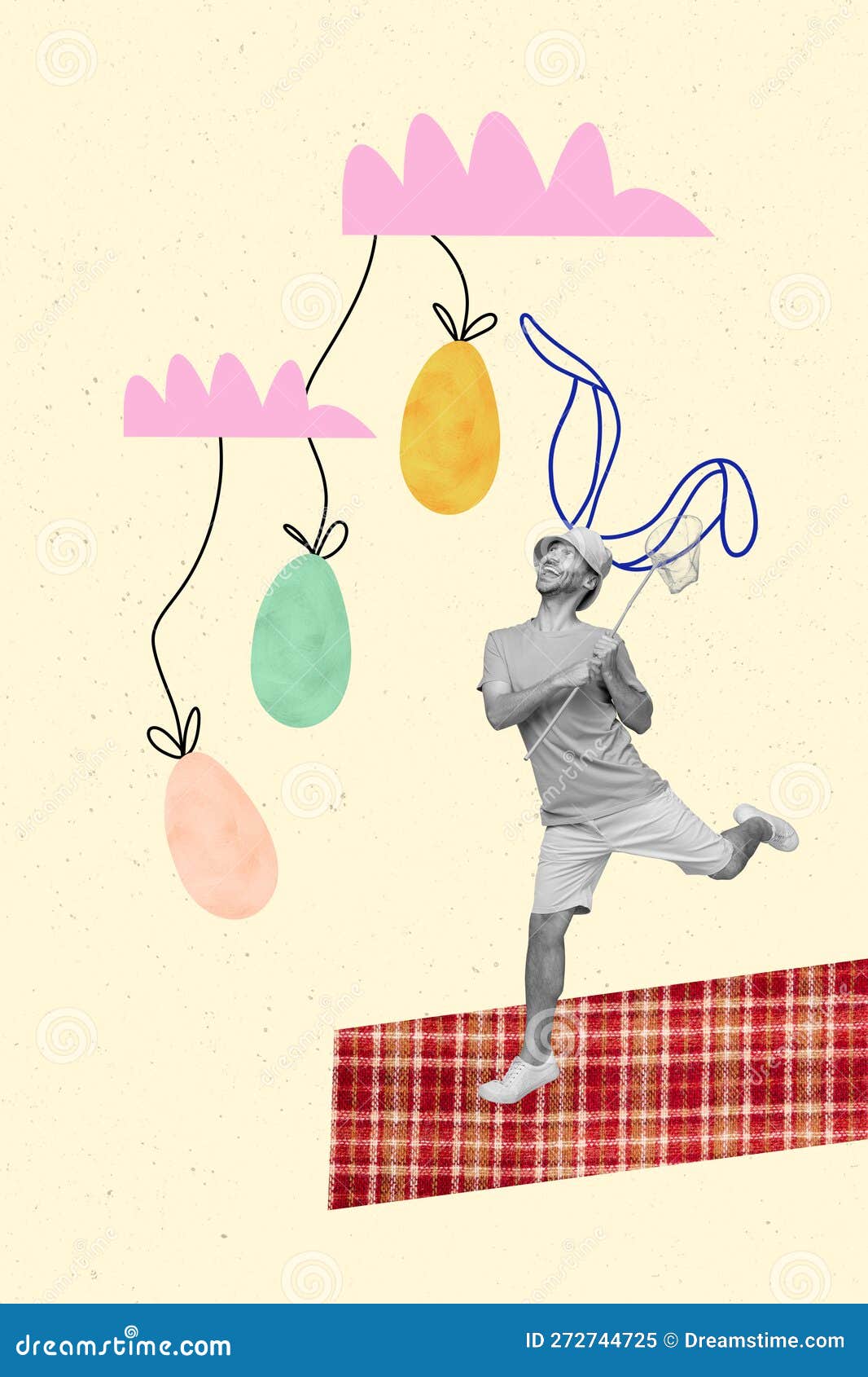 Creative Artwork Postcard Collage of Funny Fun Young Guy Catch Flying ...