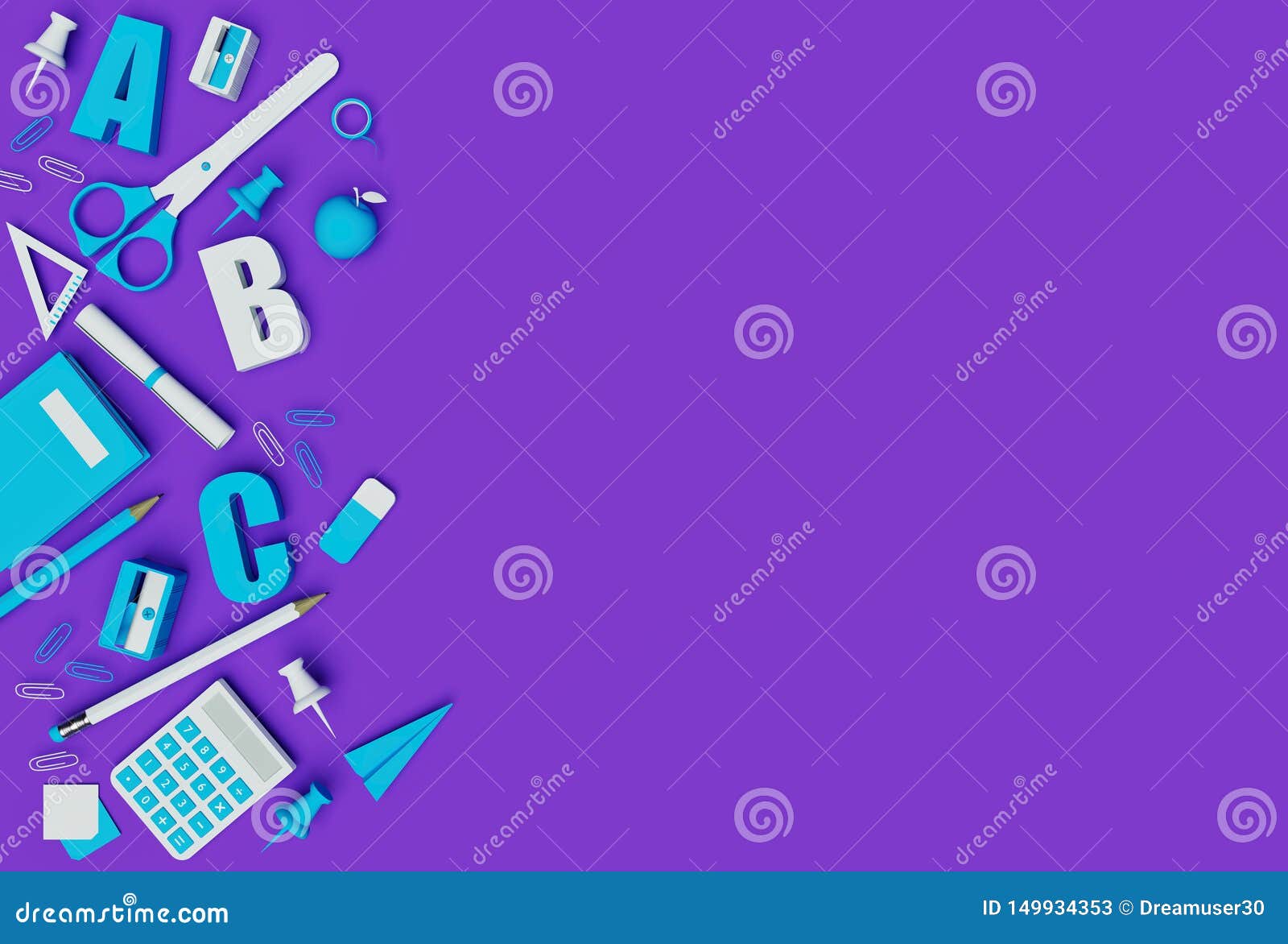 Blue and White Colored School Supplies. 3d Rendering Stock Illustration ...