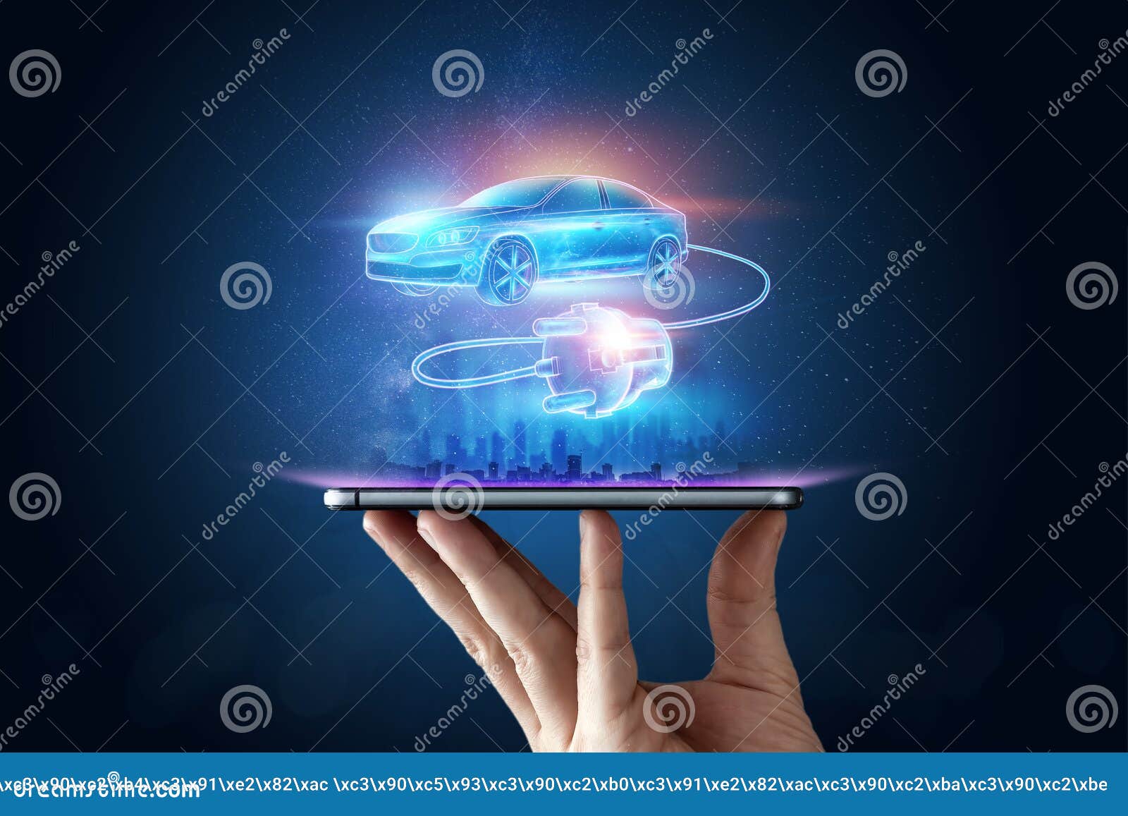 Creative Background, Electric Car with Charging Wire, Hologram. the ...