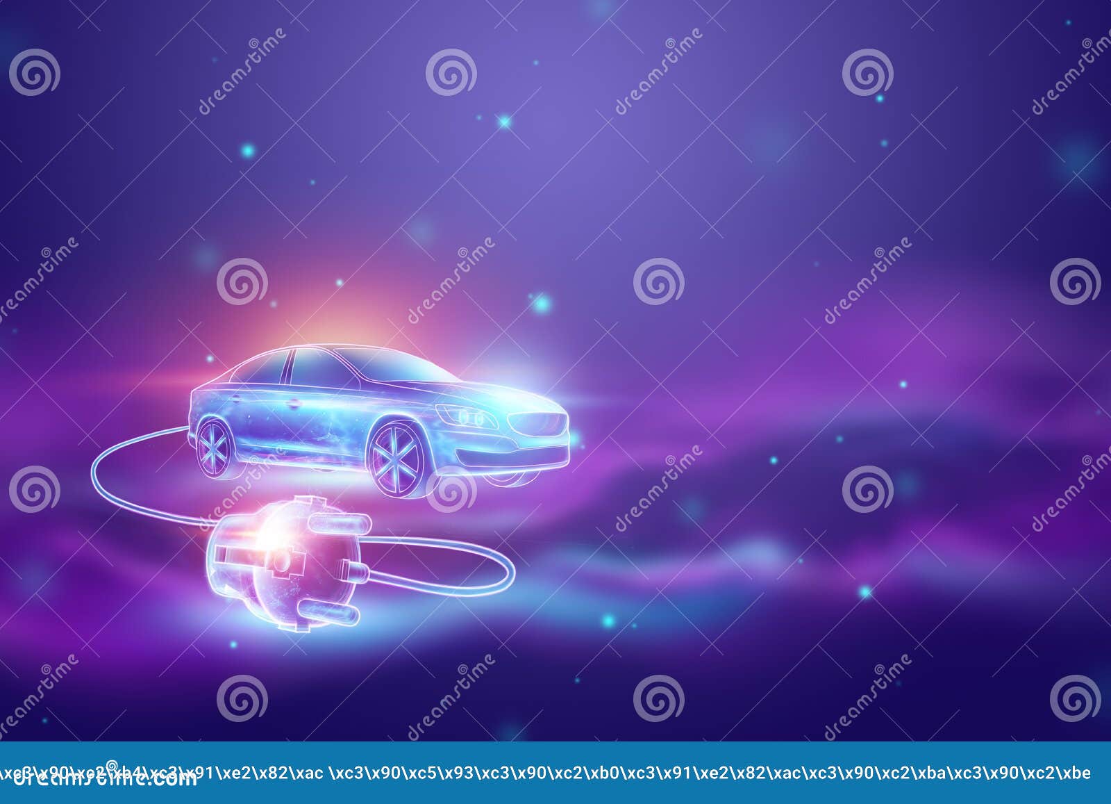 Creative Background, Electric Car with Charging Wire, Hologram. the ...