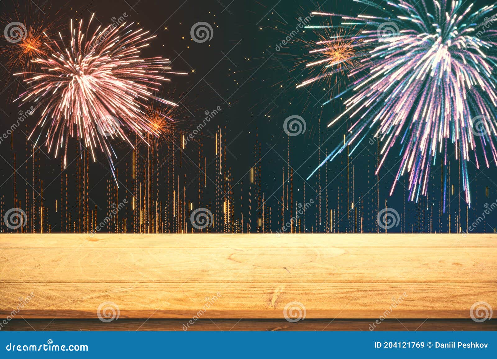 Creative Background with Empty Wooden Surface and Fireworks Stock ...