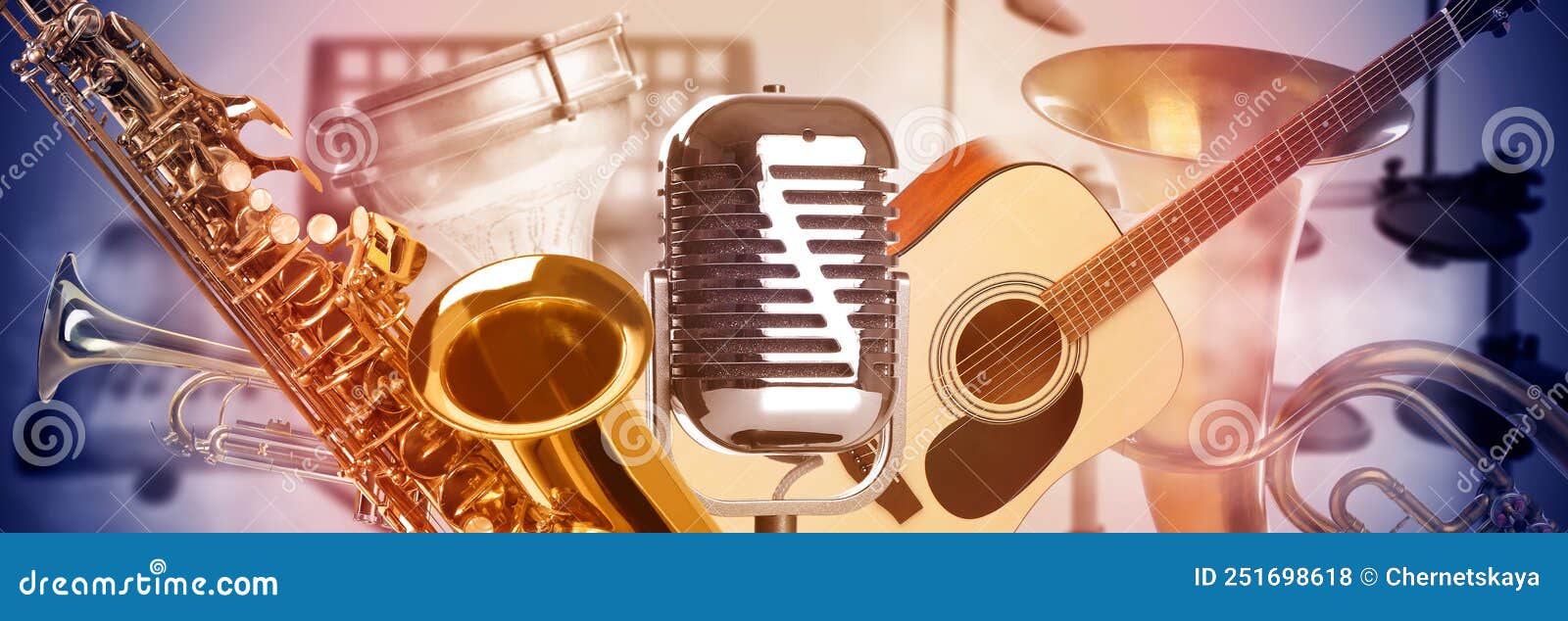 Creative Banner Design. Vintage Microphone and Different Musical ...