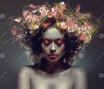 Creative Beauty Portrait with Pink Wraith Stock Photo - Image of ...