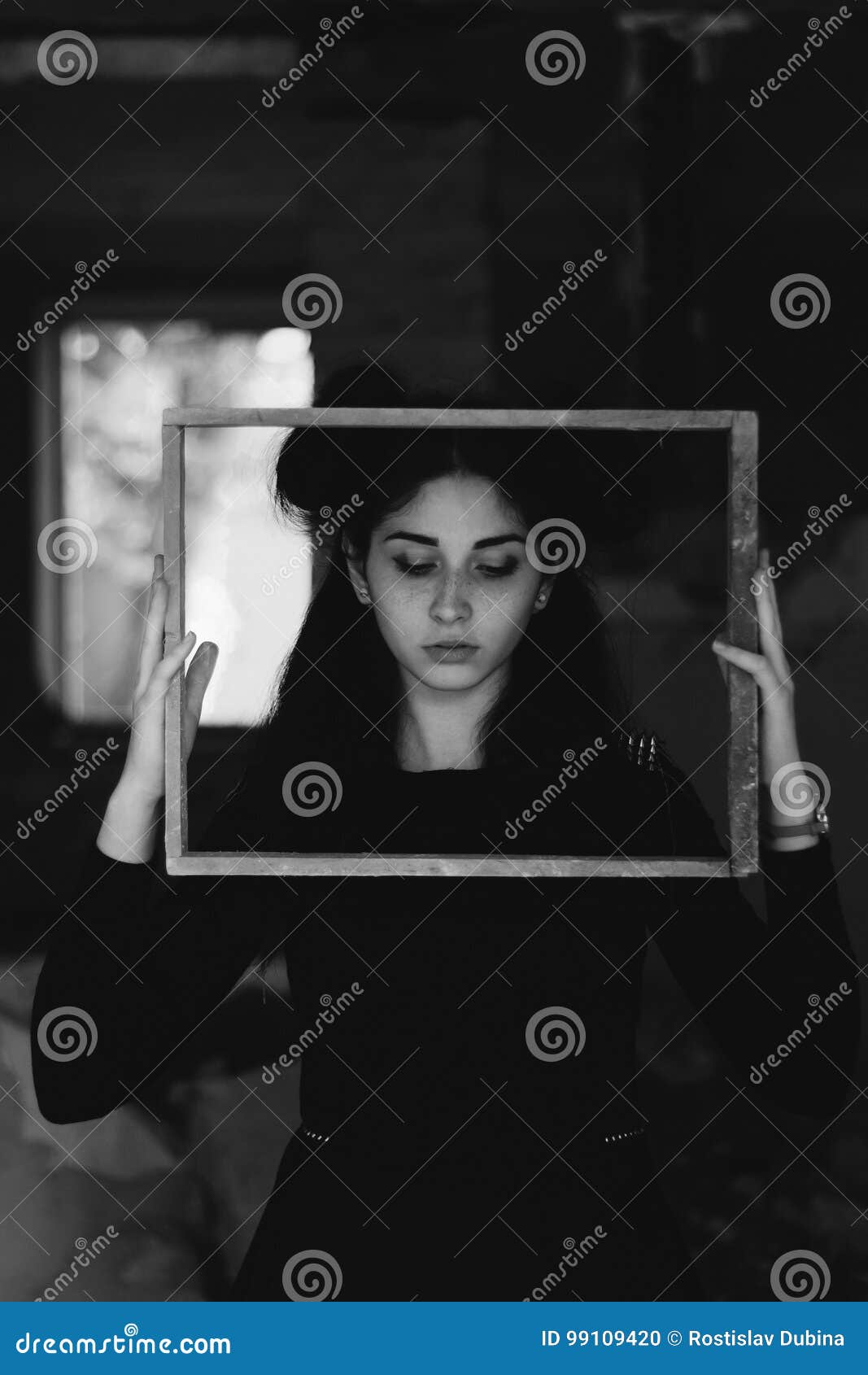 Creative Black and White Dramatic Photo of Young Beautiful Girl Stock ...