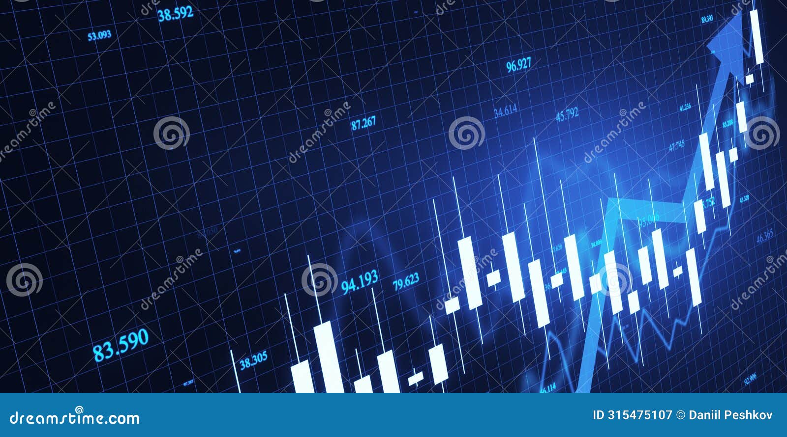 Creative Blue Candlestick Forex Chart and Growing Arrow on Blue ...