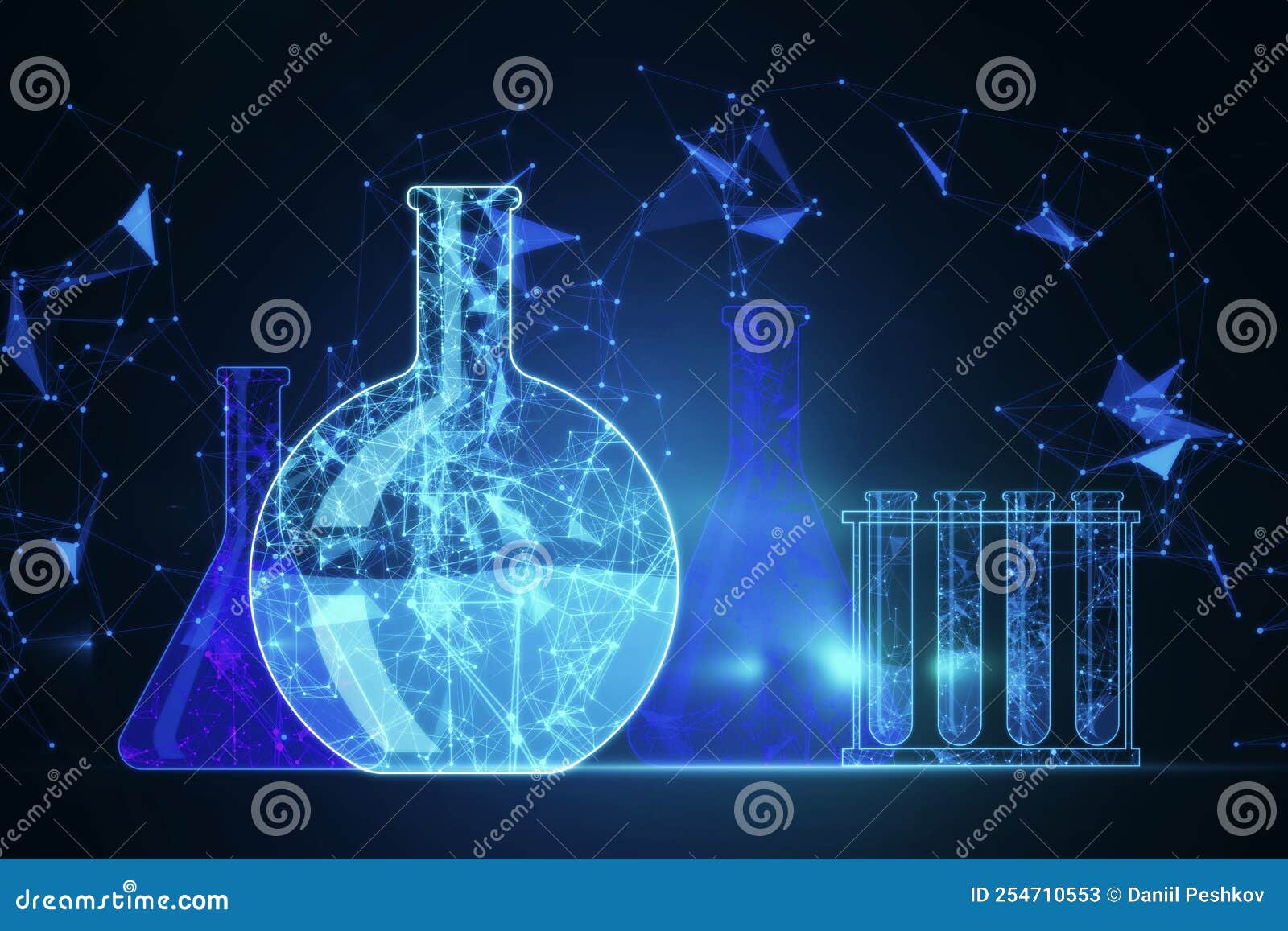 Creative Blue Scientific Backdrop with Low Poly Network and Flasks ...