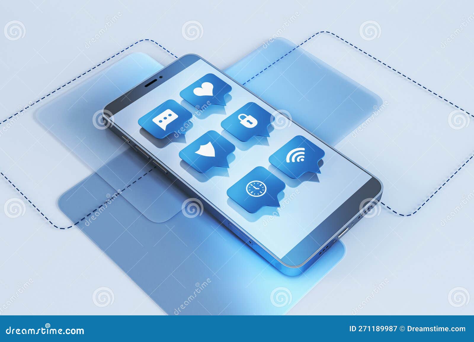 Creative Blue Smartphone with Communication Icons on Screen. Social ...