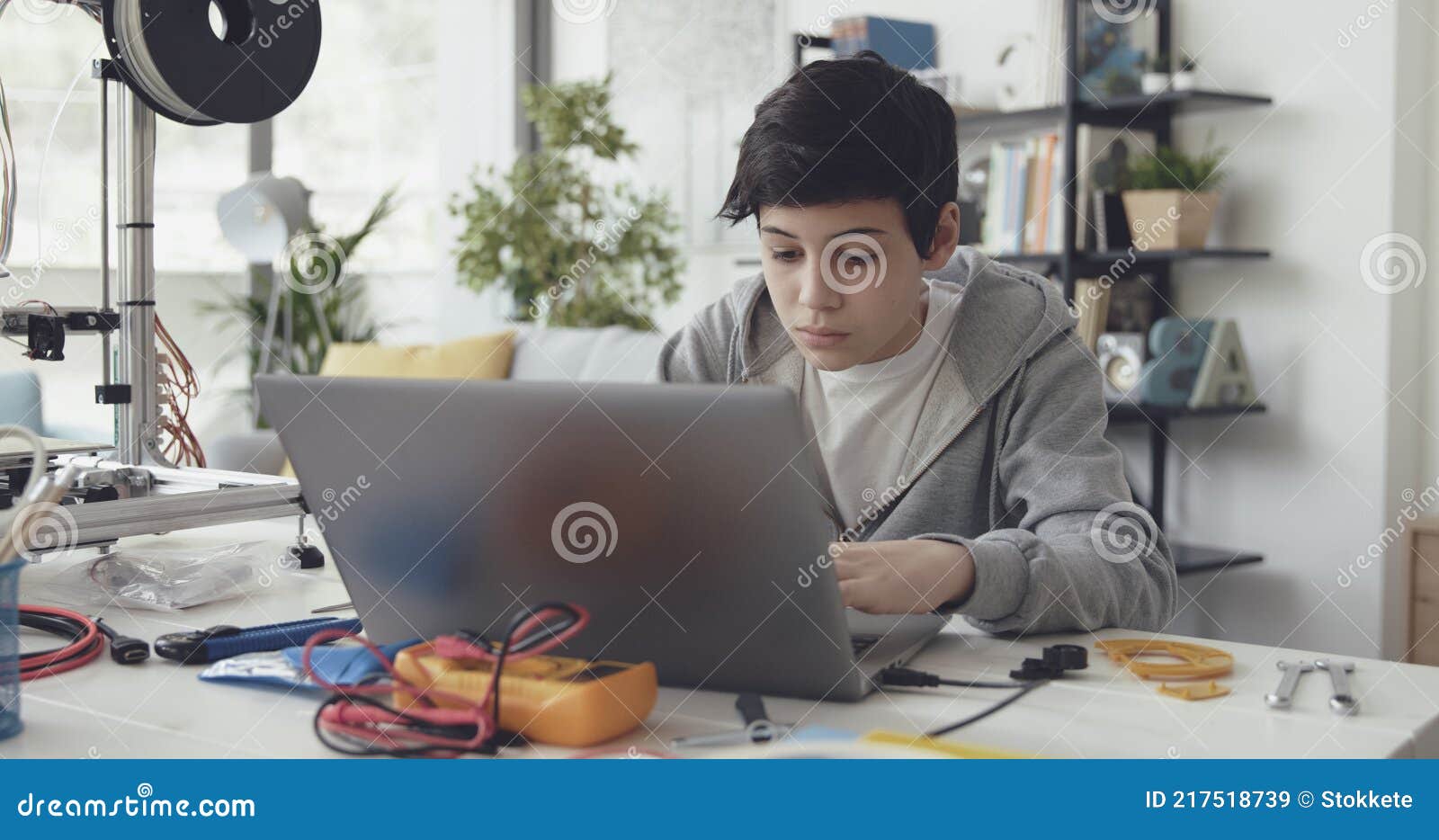 Creative Boy Learning Science and Technology at Home Stock Image ...