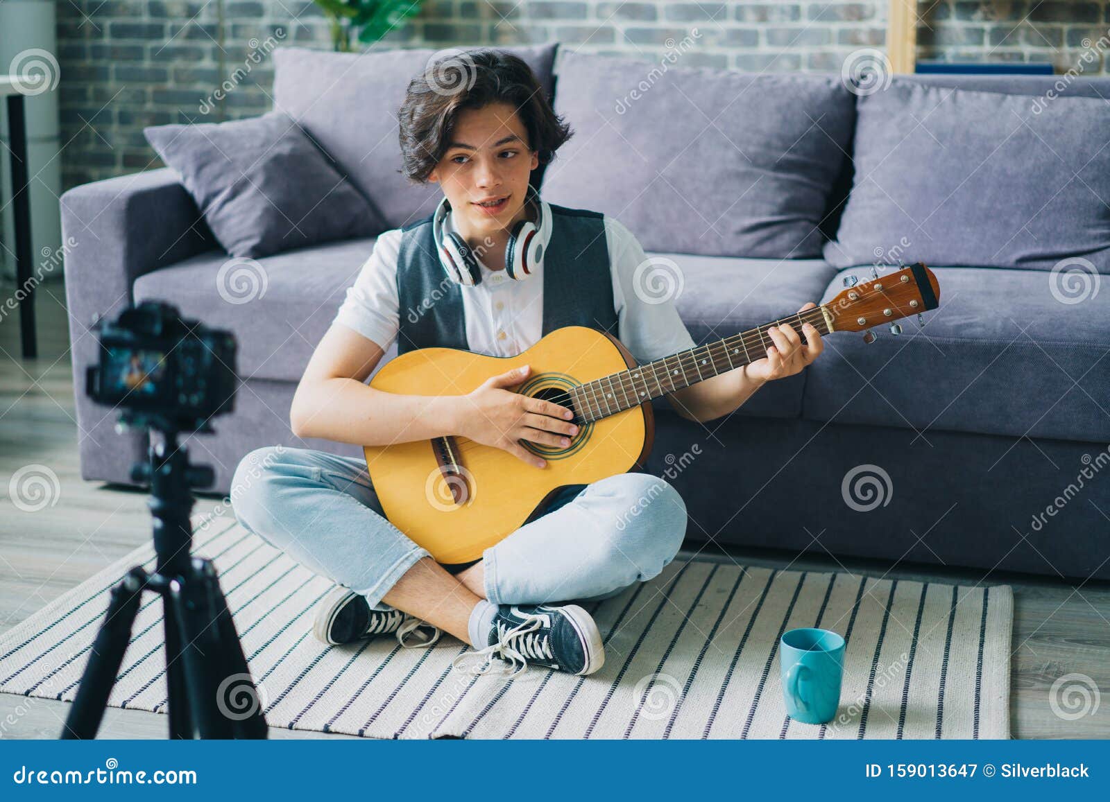 Creative Boy Recording Tutorial about Guitar for Online Vlog Talking ...