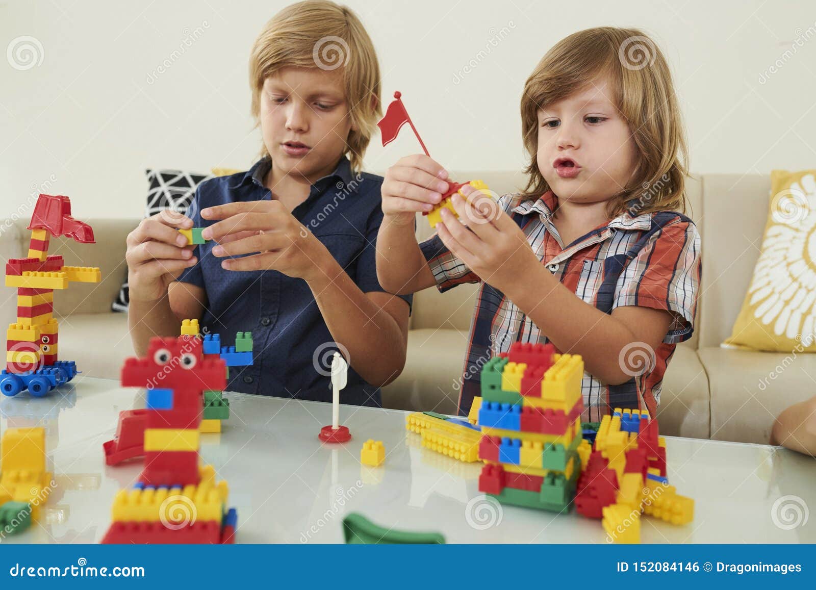 Creative Boys Playing with Plastic Bricks Stock Photo - Image of ...