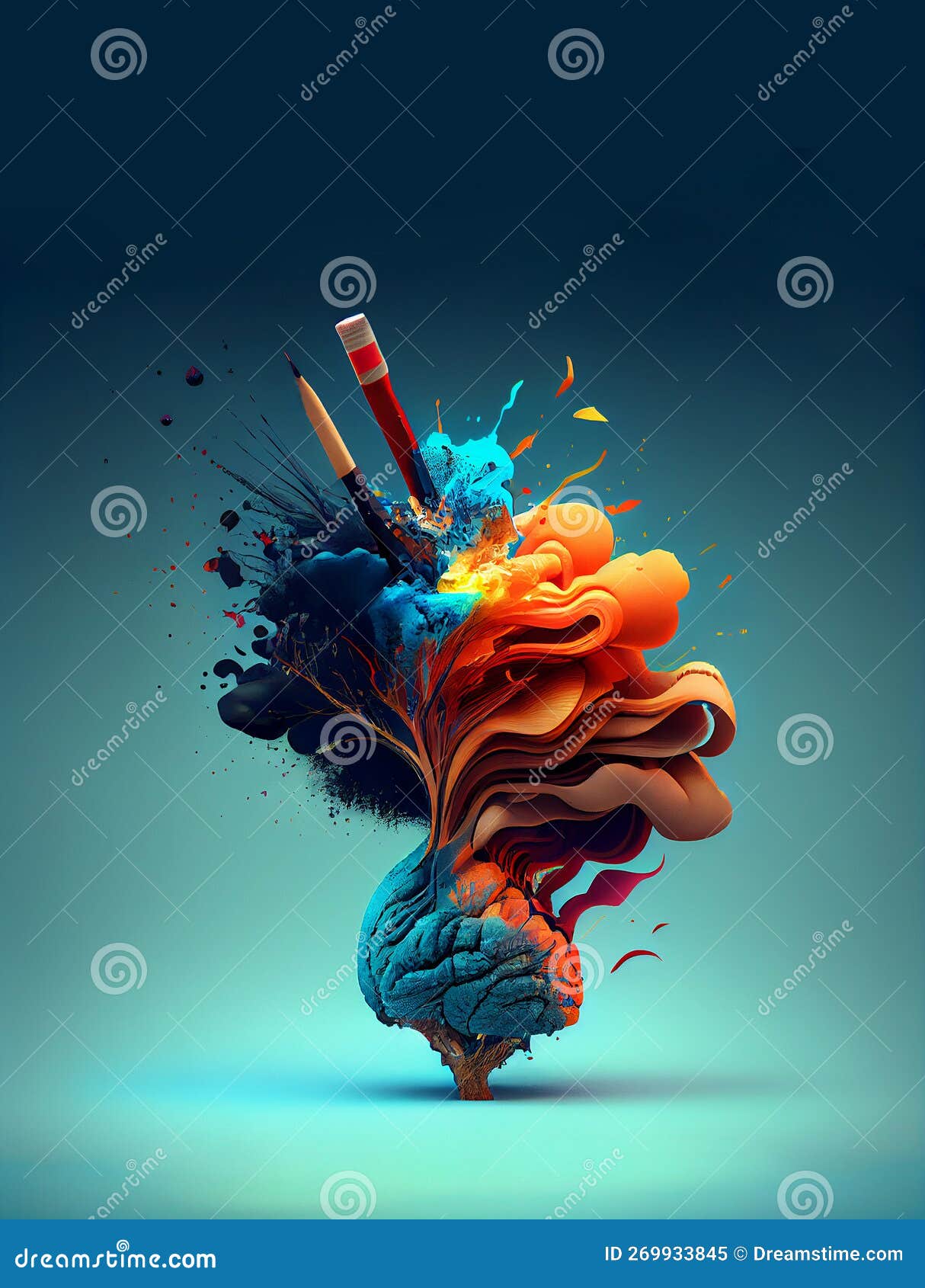 Creative Brain with Colorful Splashes and Pens, Explosion of Ideas ...