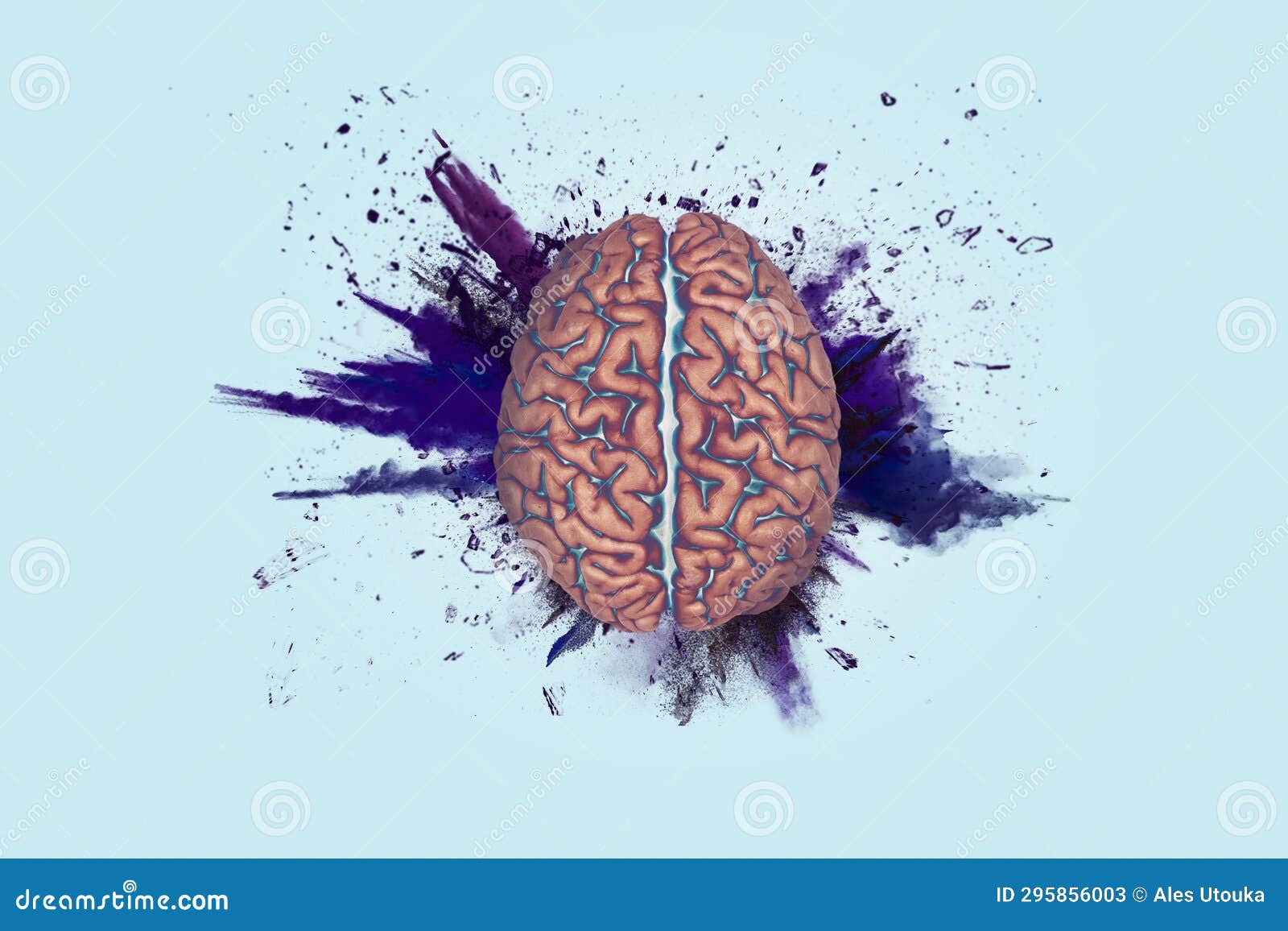 Creative Brain Explosion with Splatter on Blue Light Background ...