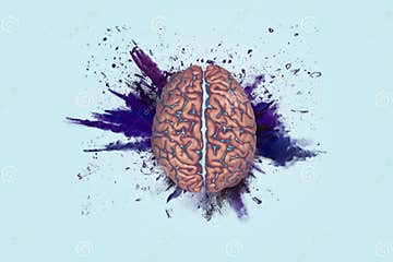 Creative Brain Explosion with Splatter on Blue Light Background ...