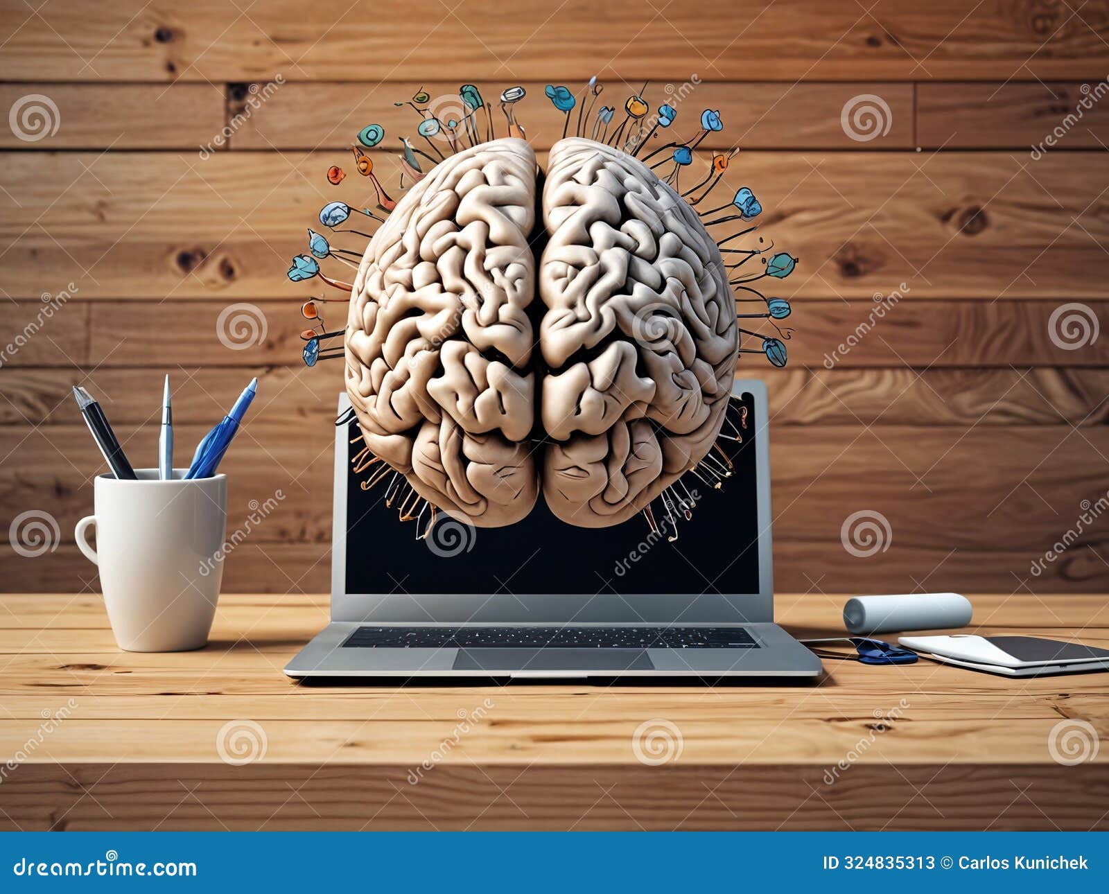 Creative Brain and Laptop on Wooden Desk. 3D Rendering - Generated by ...