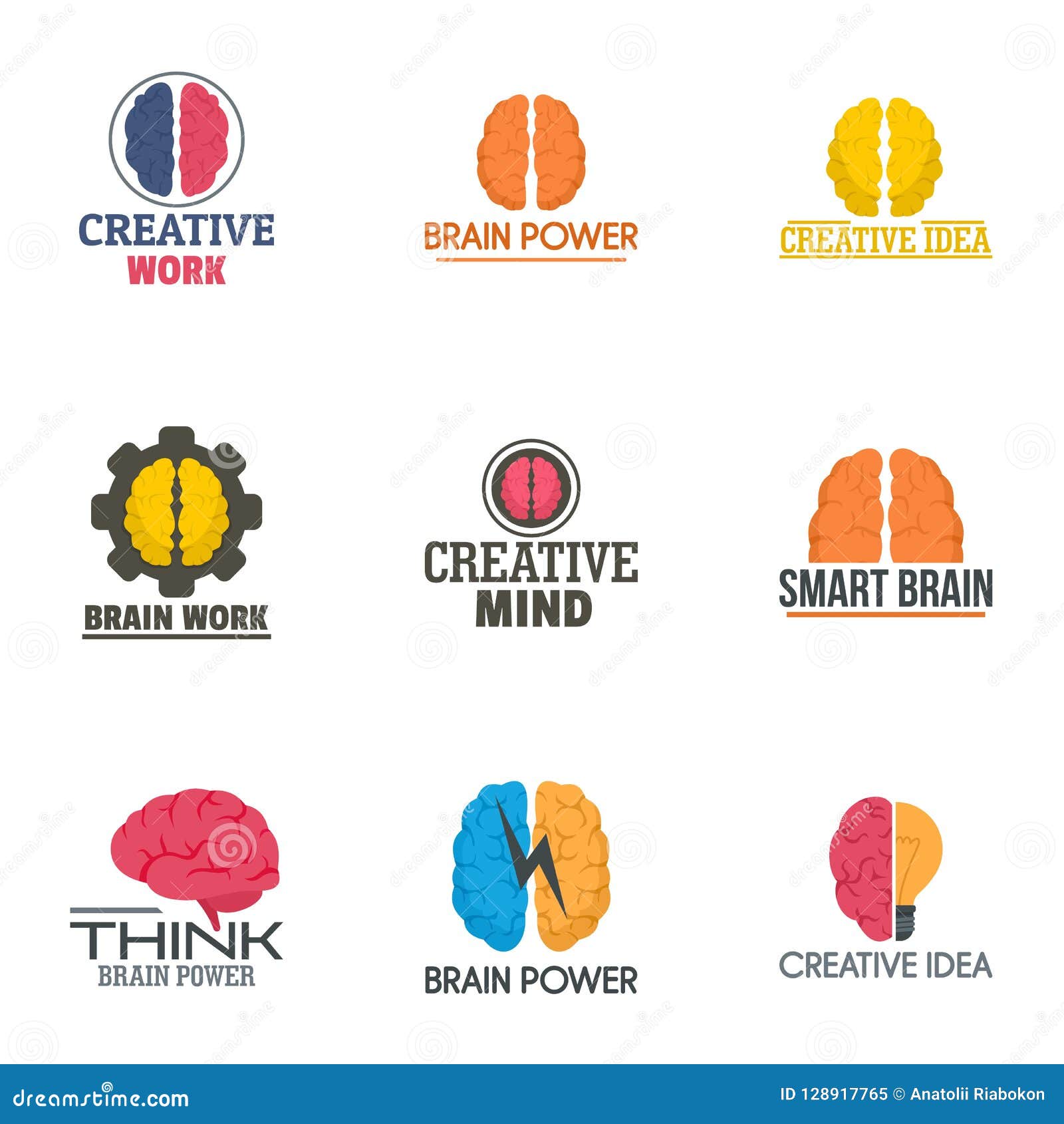 Creative Brain Work Logo Set, Flat Style Stock Vector - Illustration of ...