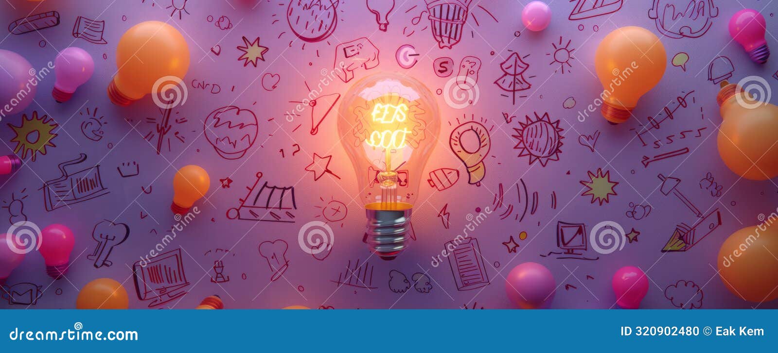 Creative Brainstorming Concept with Glowing Light Bulb on Doodle ...