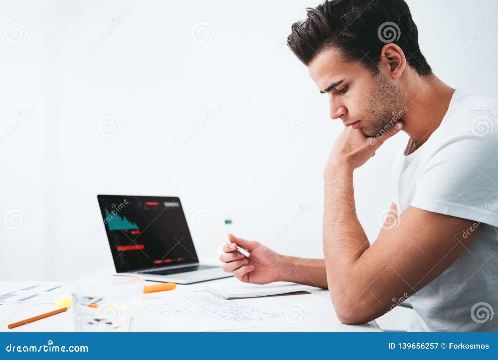 Creative Building Designer Working With Drawing Plan And Computer While ...