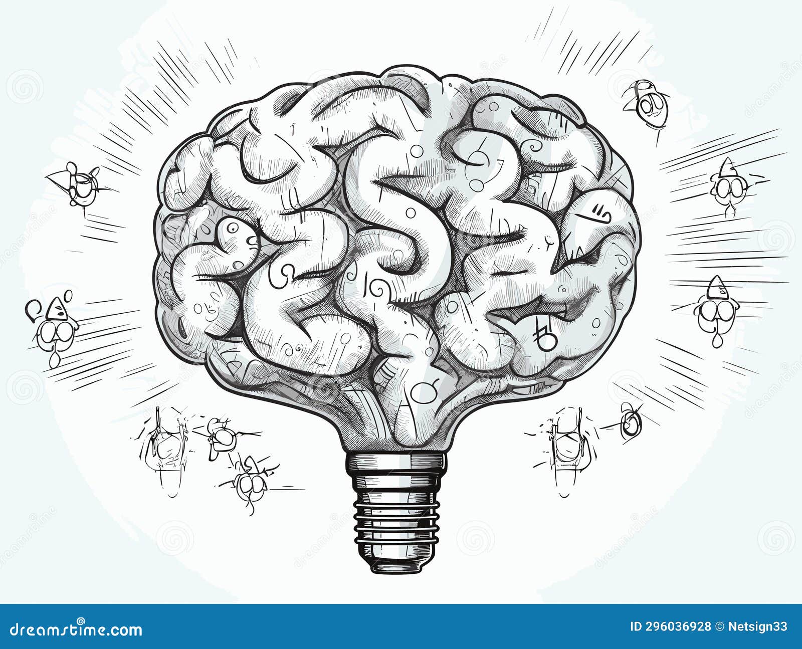 Creative Bulb with Brain Brain with Clouds with Gears in Hand-drawn ...