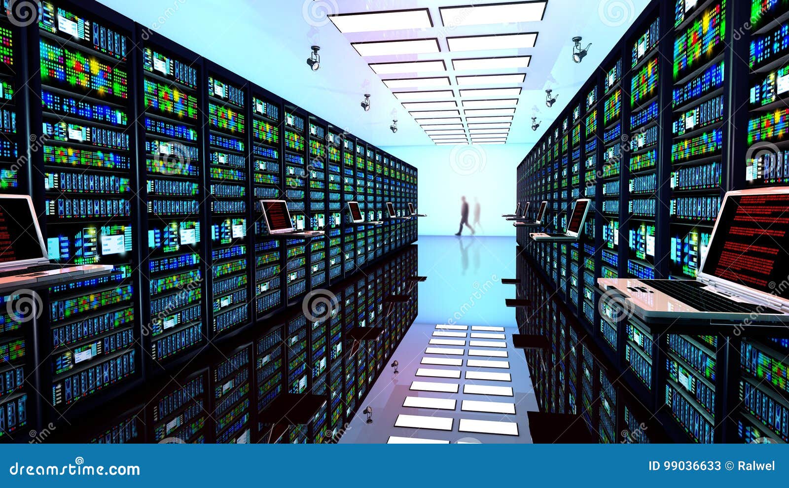 Terminal Monitor in Server Room with Server Racks in Datacenter Stock ...