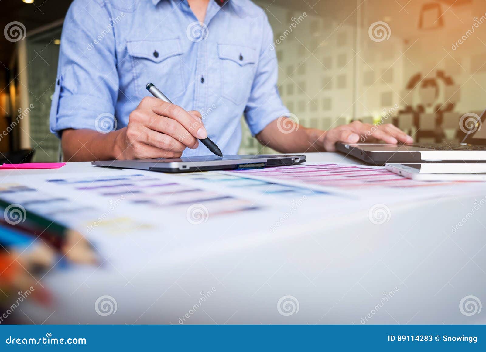 Creative Businessman or Designer Writing on Graphic Tablet while Stock ...