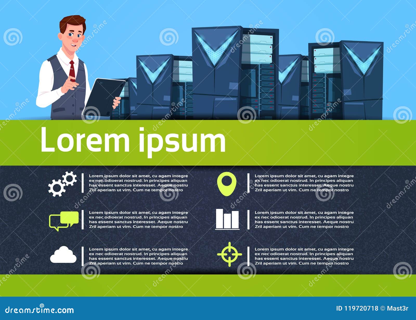 Creative Businessman Hold Tablet in Hand, Data Server Infographic ...