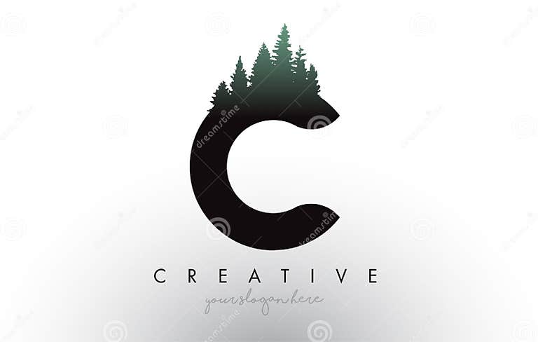 Creative C Letter Logo Idea with Pine Forest Trees. Letter C Design ...