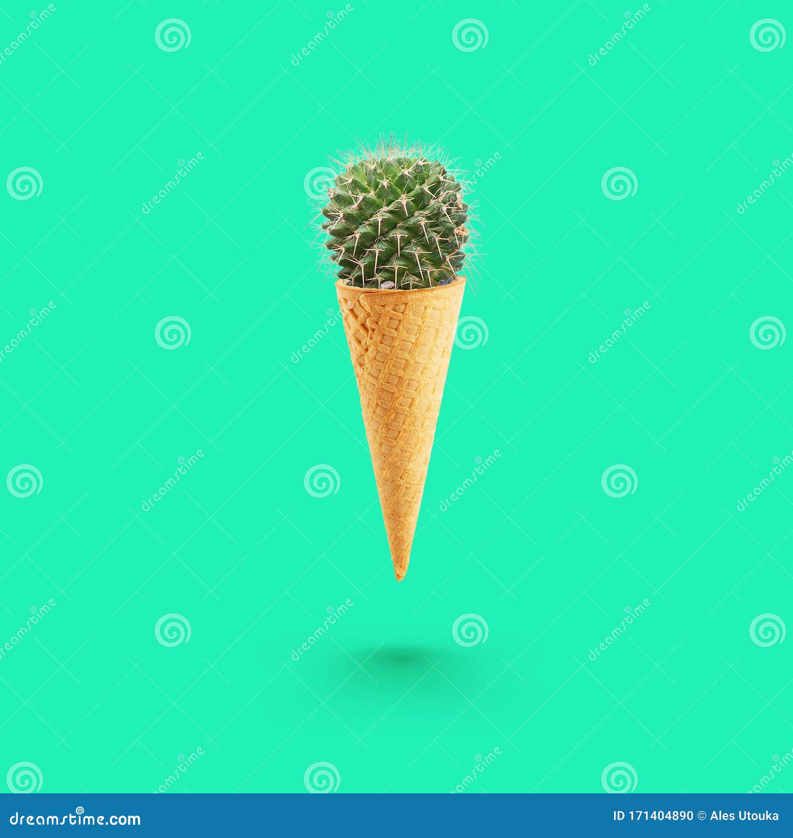 Creative Cactus Ice Cream. Cactus in a Waffle Cone on a Green ...