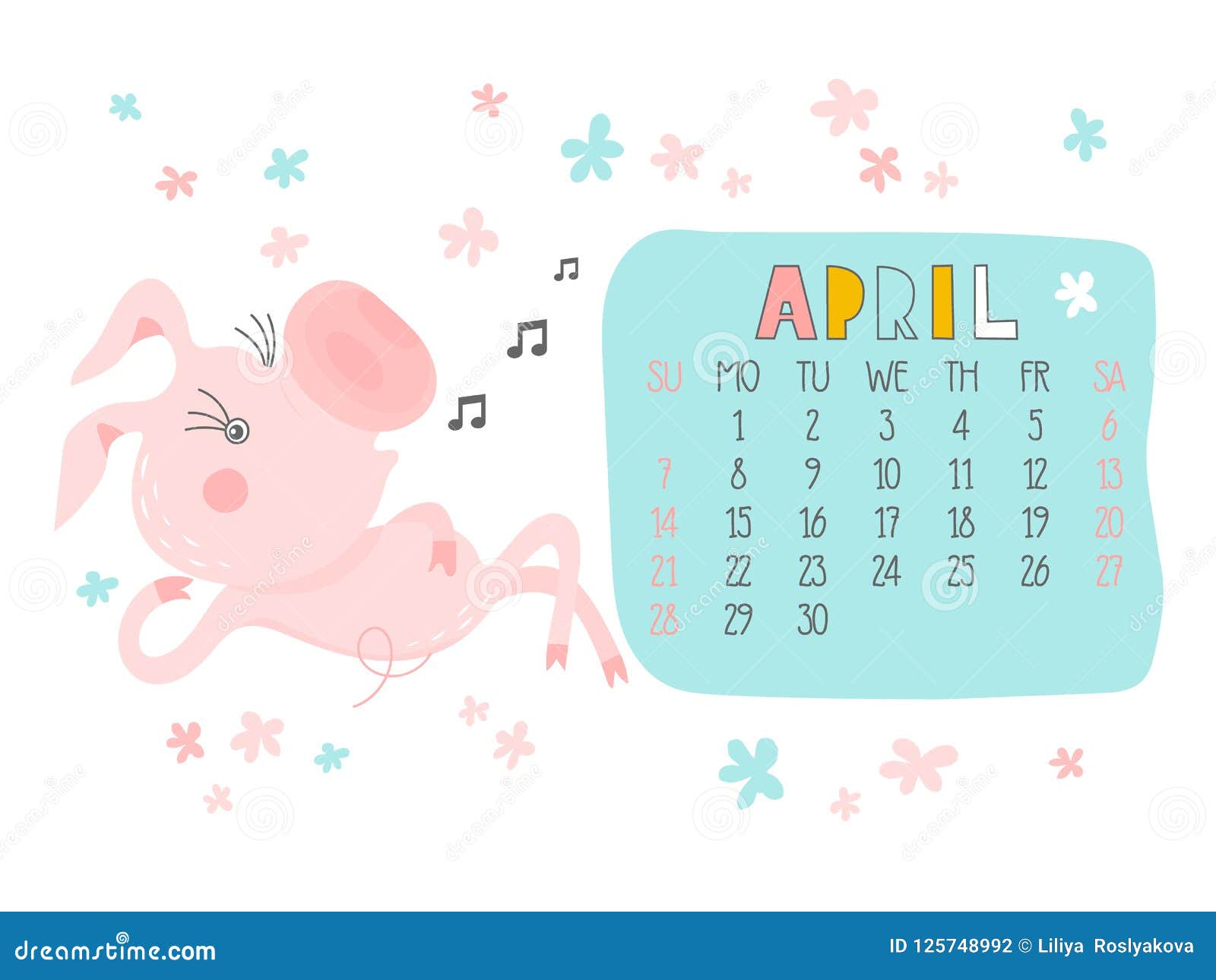 Creative Calendar for April 2019 with Cute Pig. Concept, Vector ...