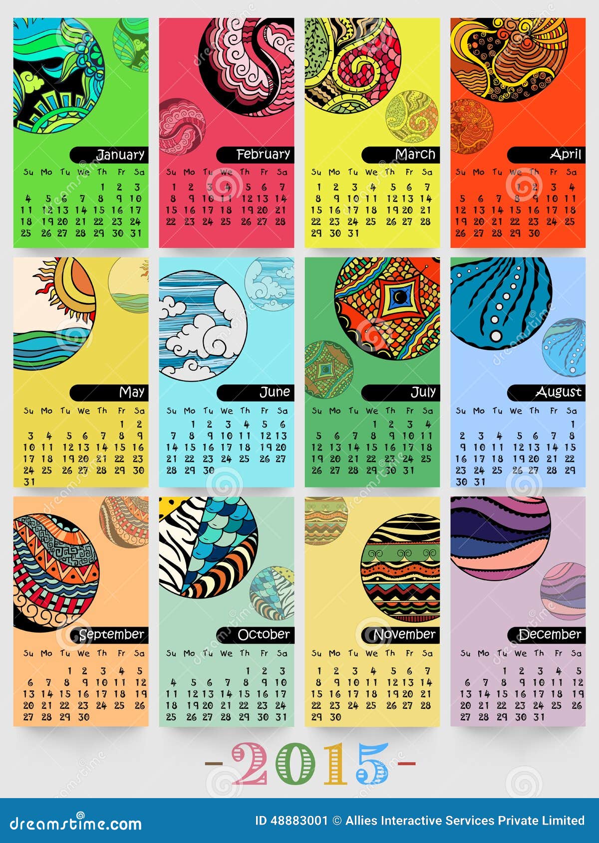 Colorful Yearly Calendar 2020. Week Starts From Sunday. Vector Stock ...