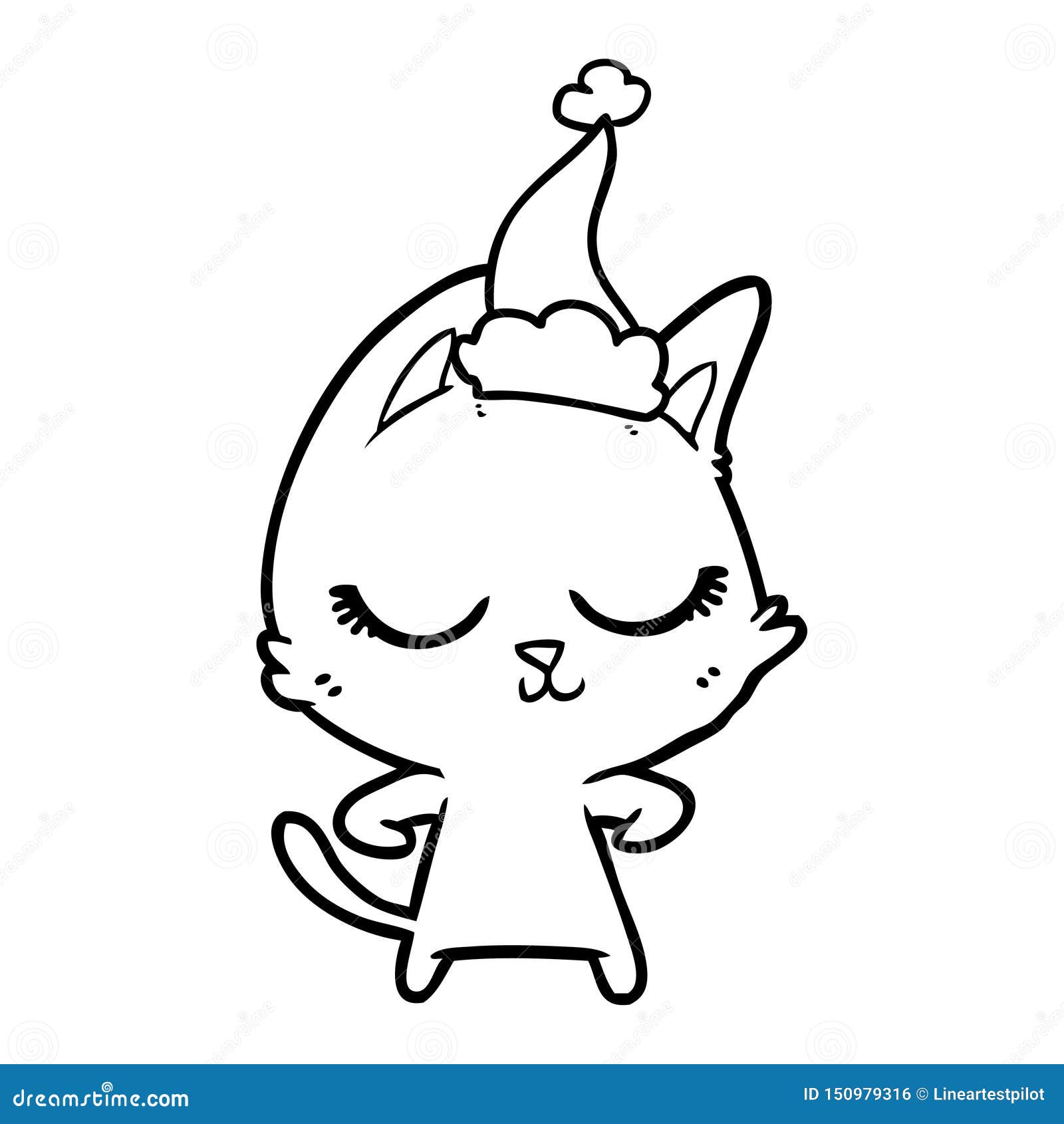 A Creative Calm Line Drawing of a Cat Wearing Santa Hat Stock Vector ...