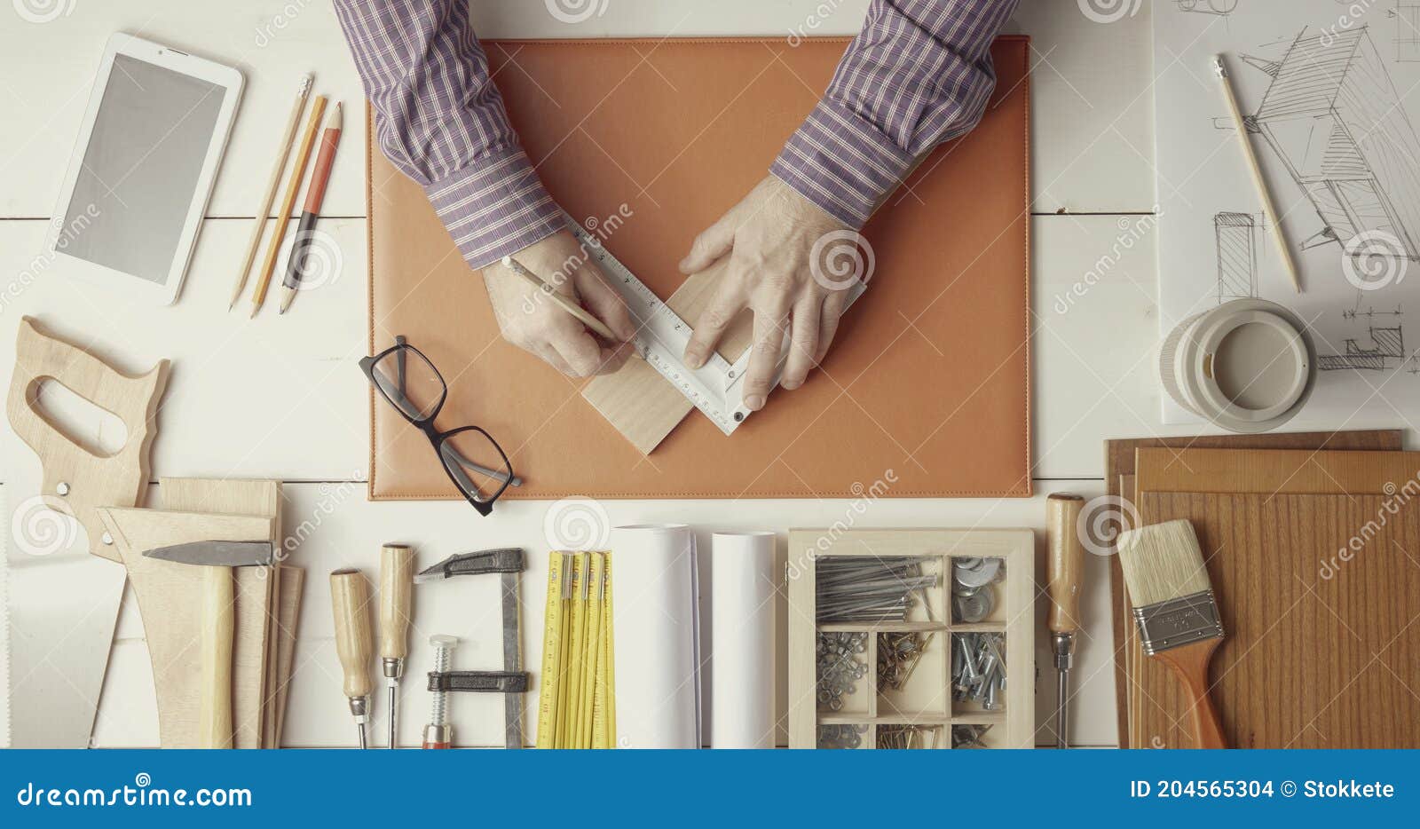 Creative Carpenter and Designer Working at Desk Stock Photo - Image of ...