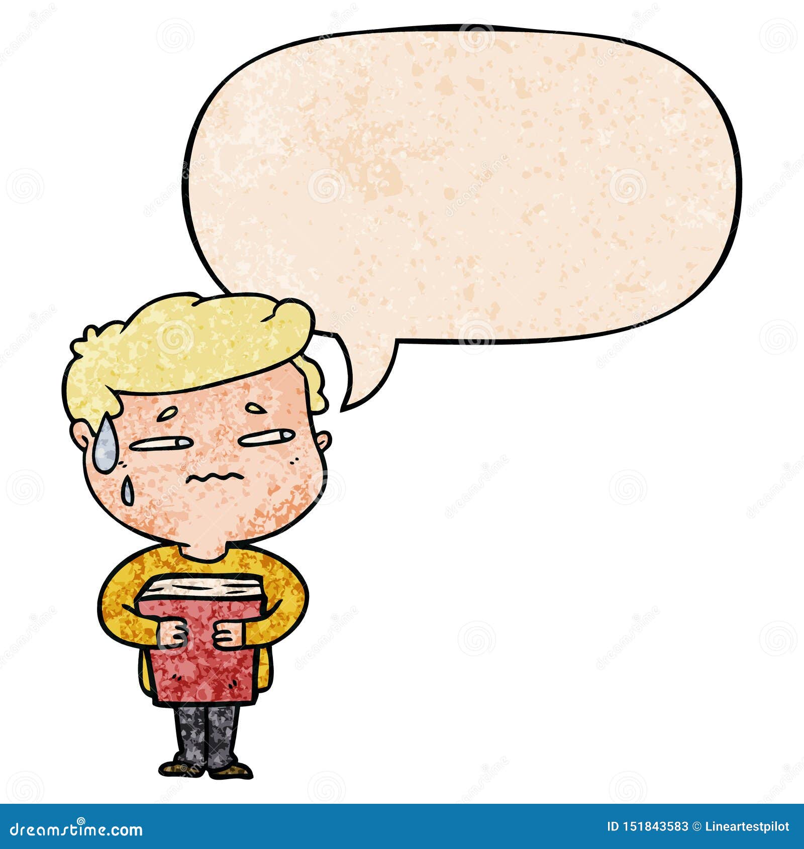 A Creative Cartoon Anxious Boy Carrying Book and Speech Bubble in Retro ...