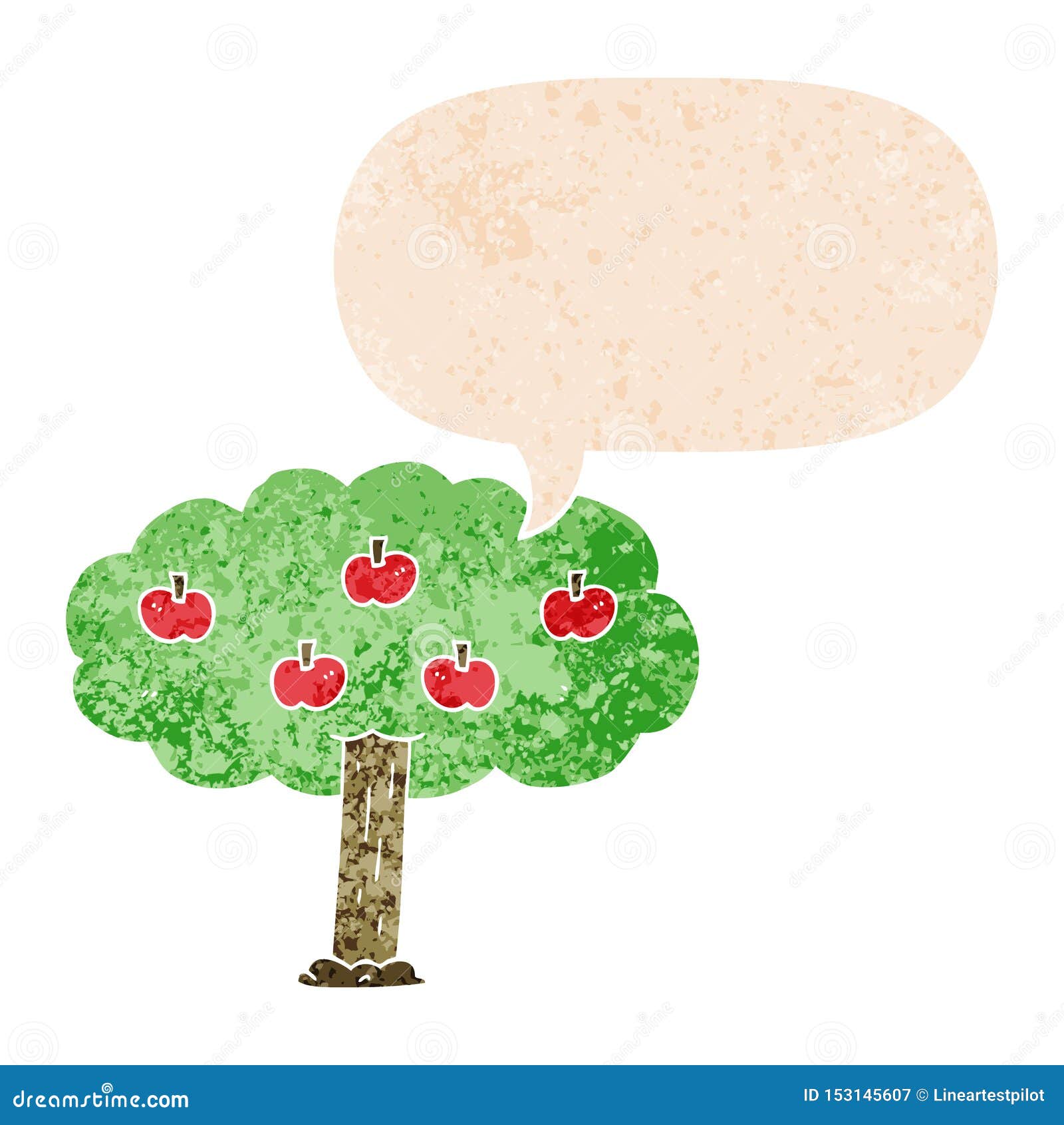 A Creative Cartoon Apple Tree and Speech Bubble in Retro Textured Style ...