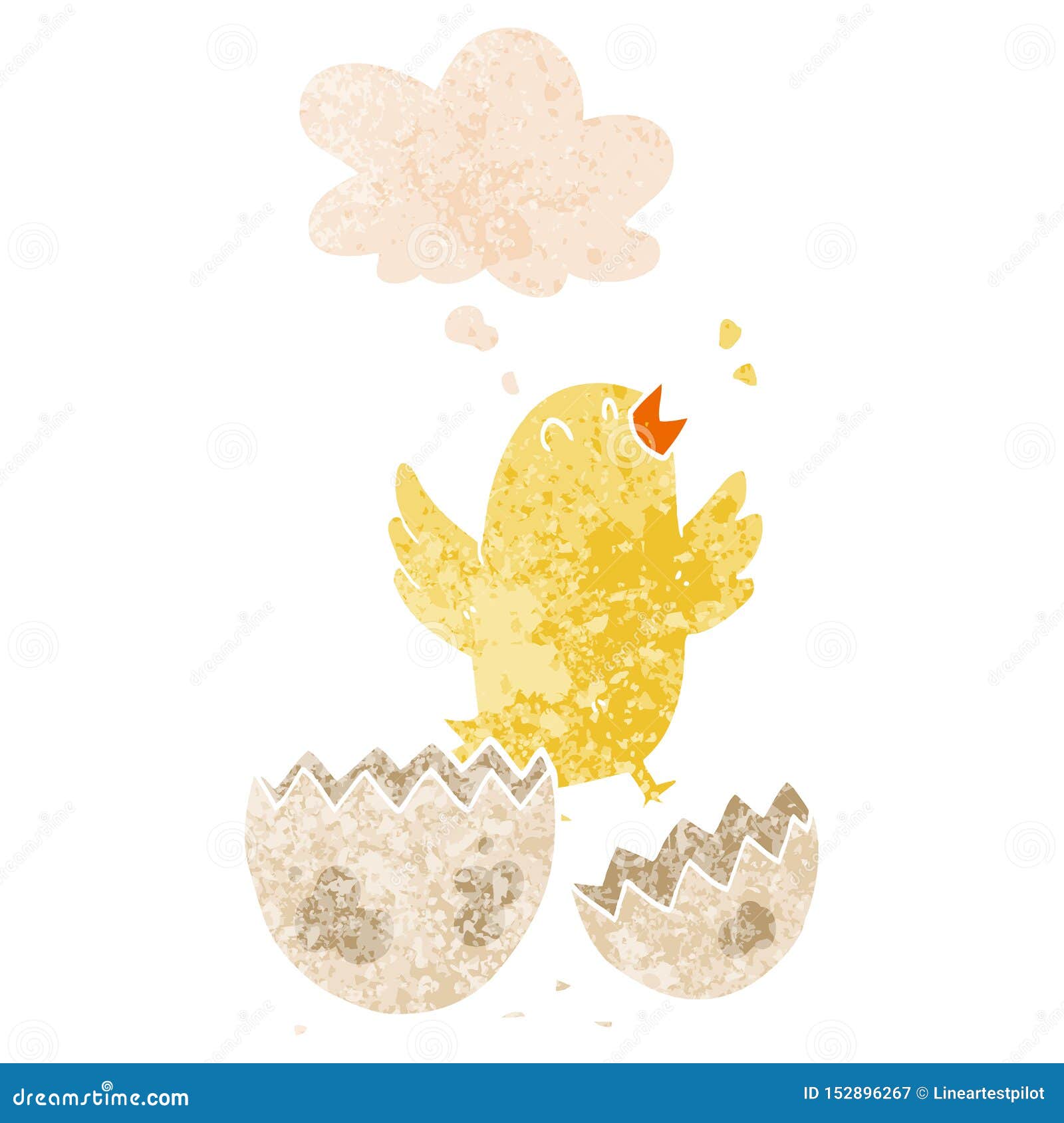 A Creative Cartoon Bird Hatching from Egg and Thought Bubble in Retro ...