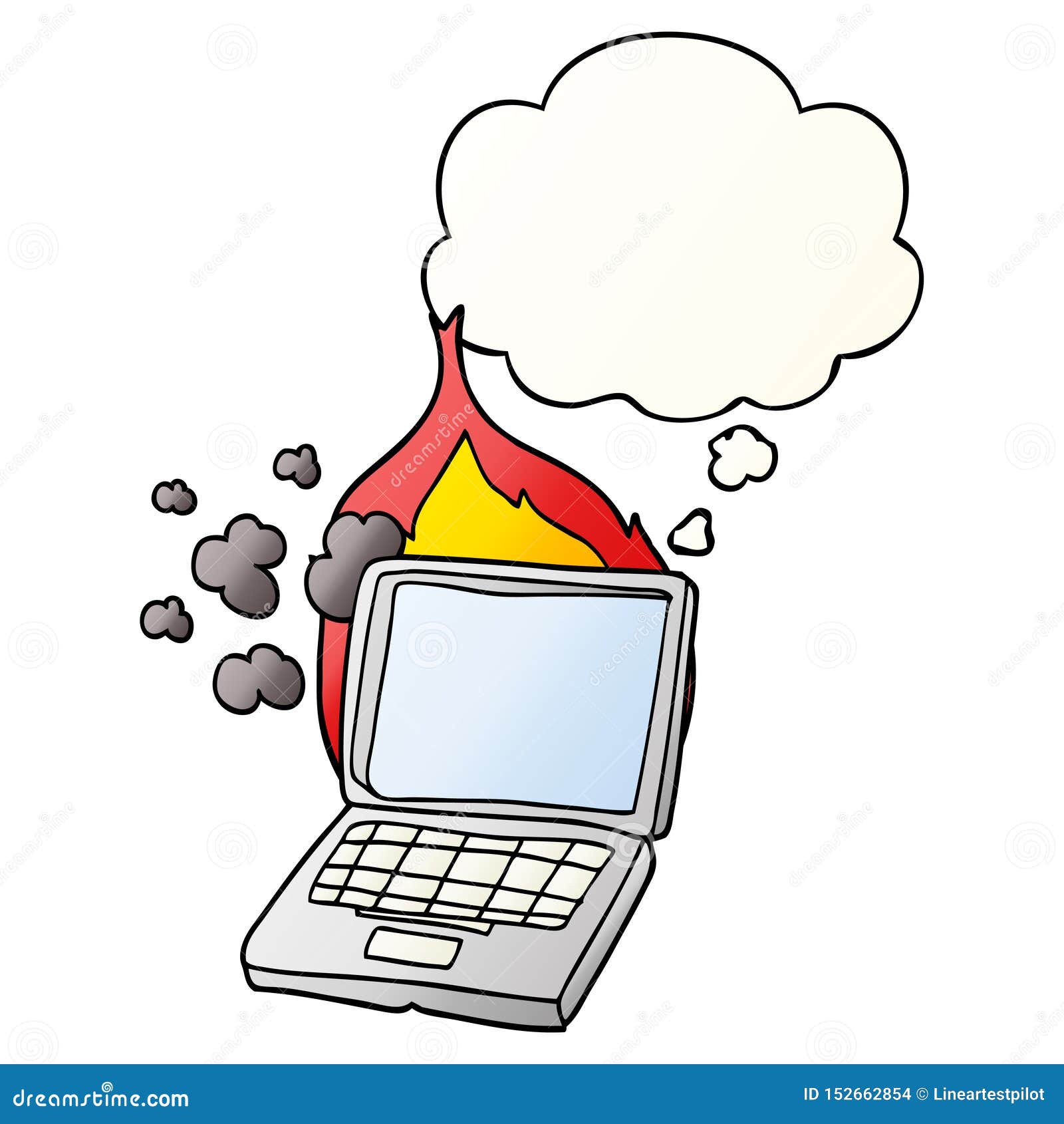 A Creative Cartoon Broken Laptop Computer and Thought Bubble in Smooth ...