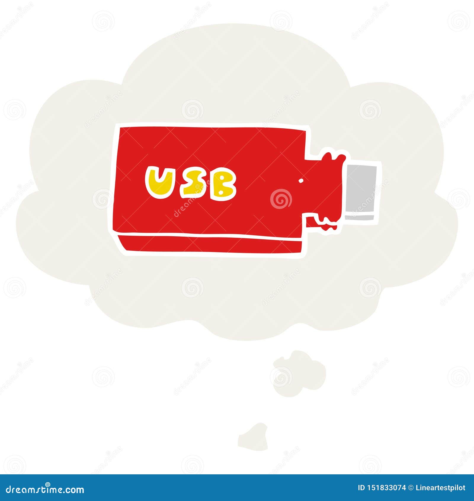A Creative Cartoon Flash Drive and Thought Bubble in Retro Style Stock ...